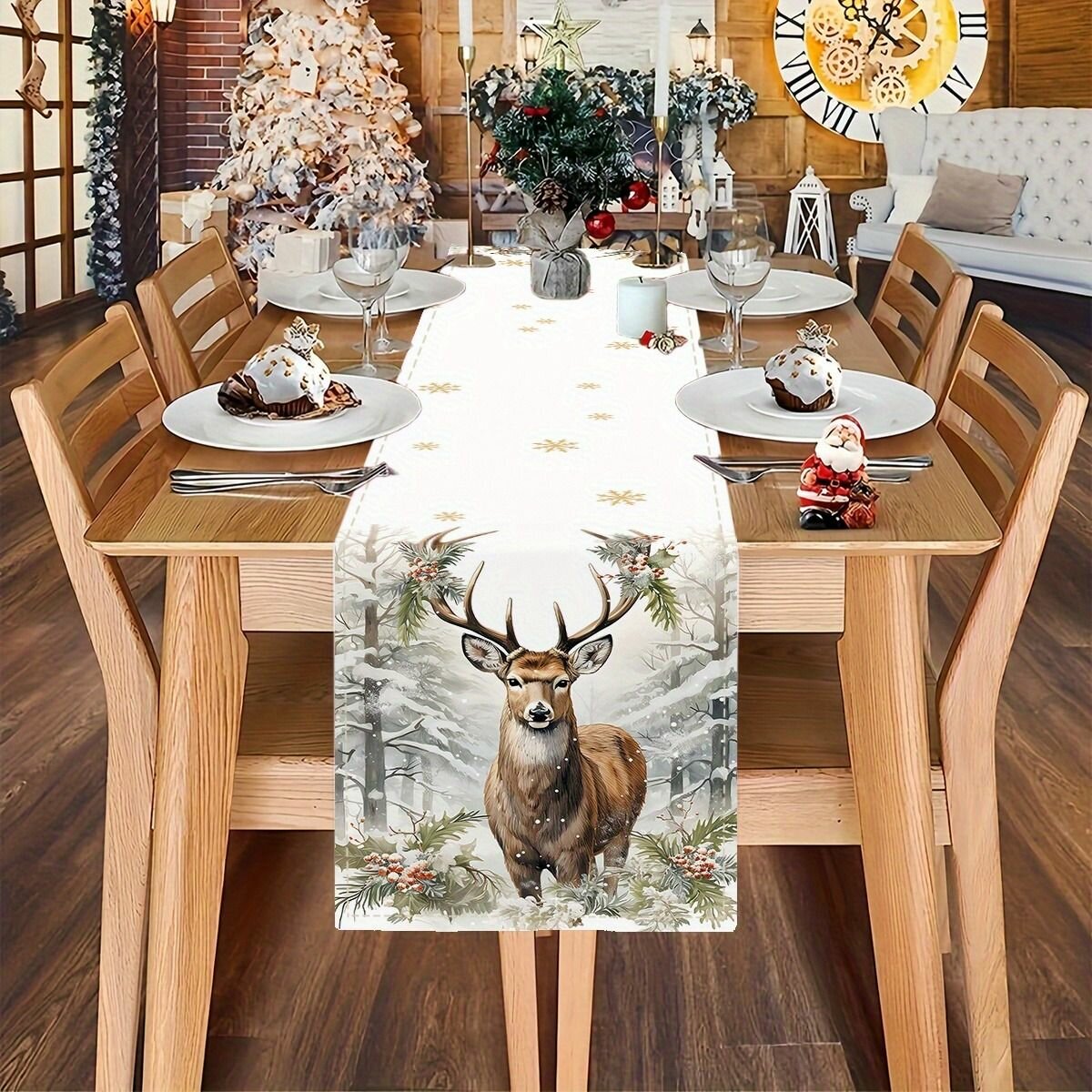 Настольный флаг с рисунком северного оленя в рождественской снежной сцене, украшающий теплый обеденный стол, праздничное украшение обеденного стола