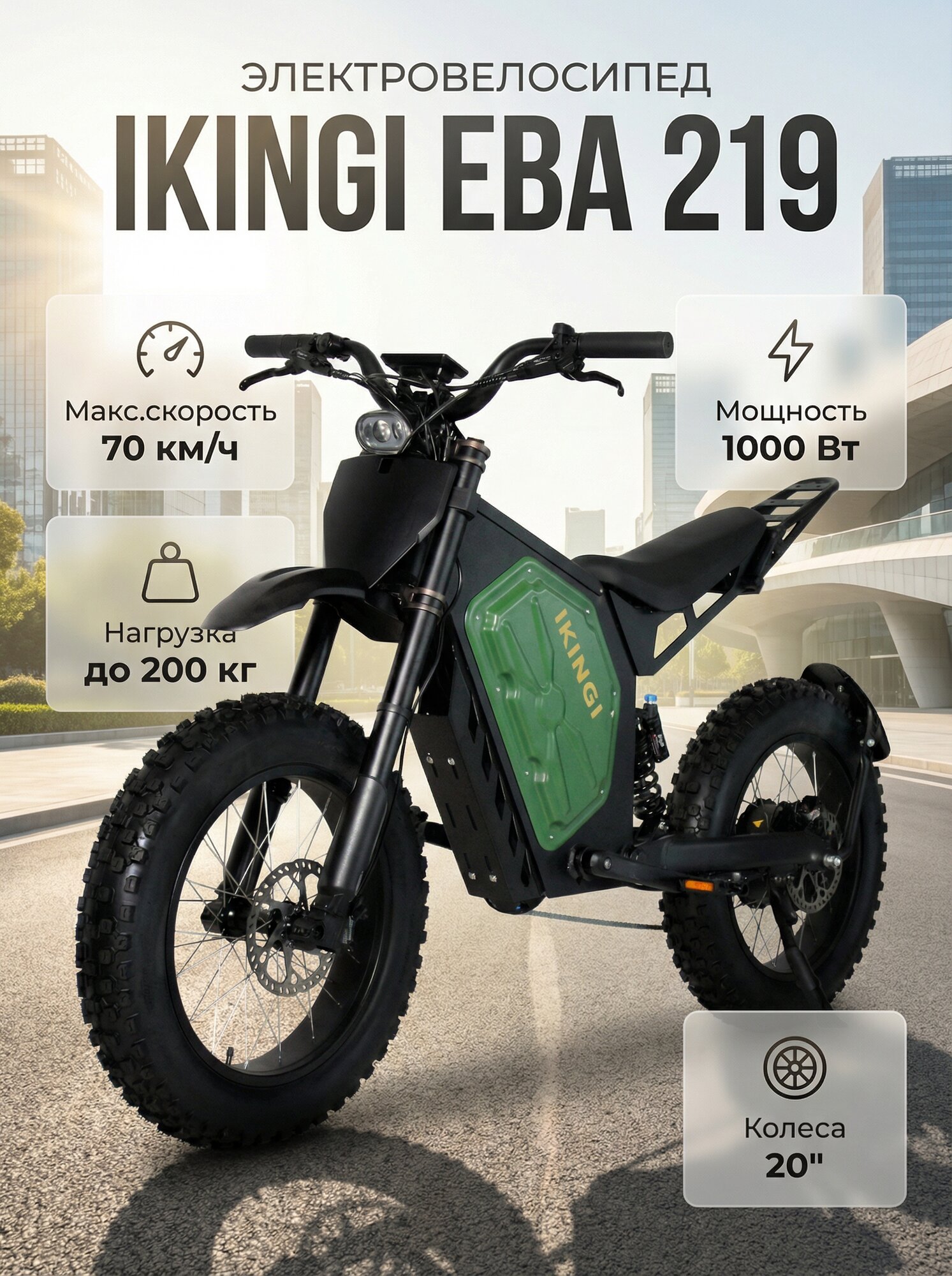 Ikingi ЕВА 219 S9 Pro 1000 Ватт; 60V 31.2Ah 20" черно-зеленый