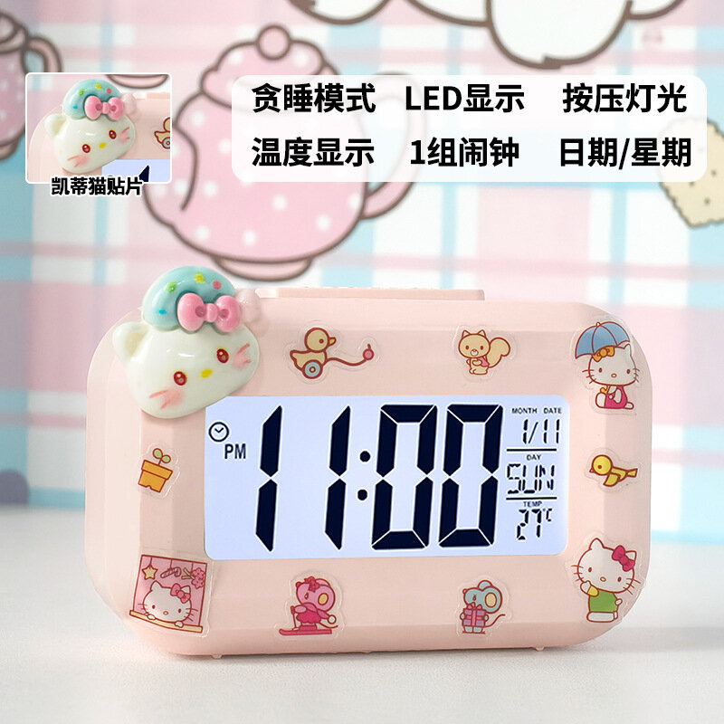 Будильник Hello Kitty Sanrio, светодиодная подсветка, с функцией таймера, случайные наклейки
