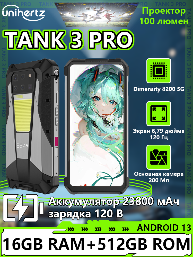 Unihertz Tank 3 Pro Проекторный телефон Dimensity 8200 5G 6,78" FHD+ 120 Гц 16 ГБ + 512 ГБ 200 МП камера 23800 мАч