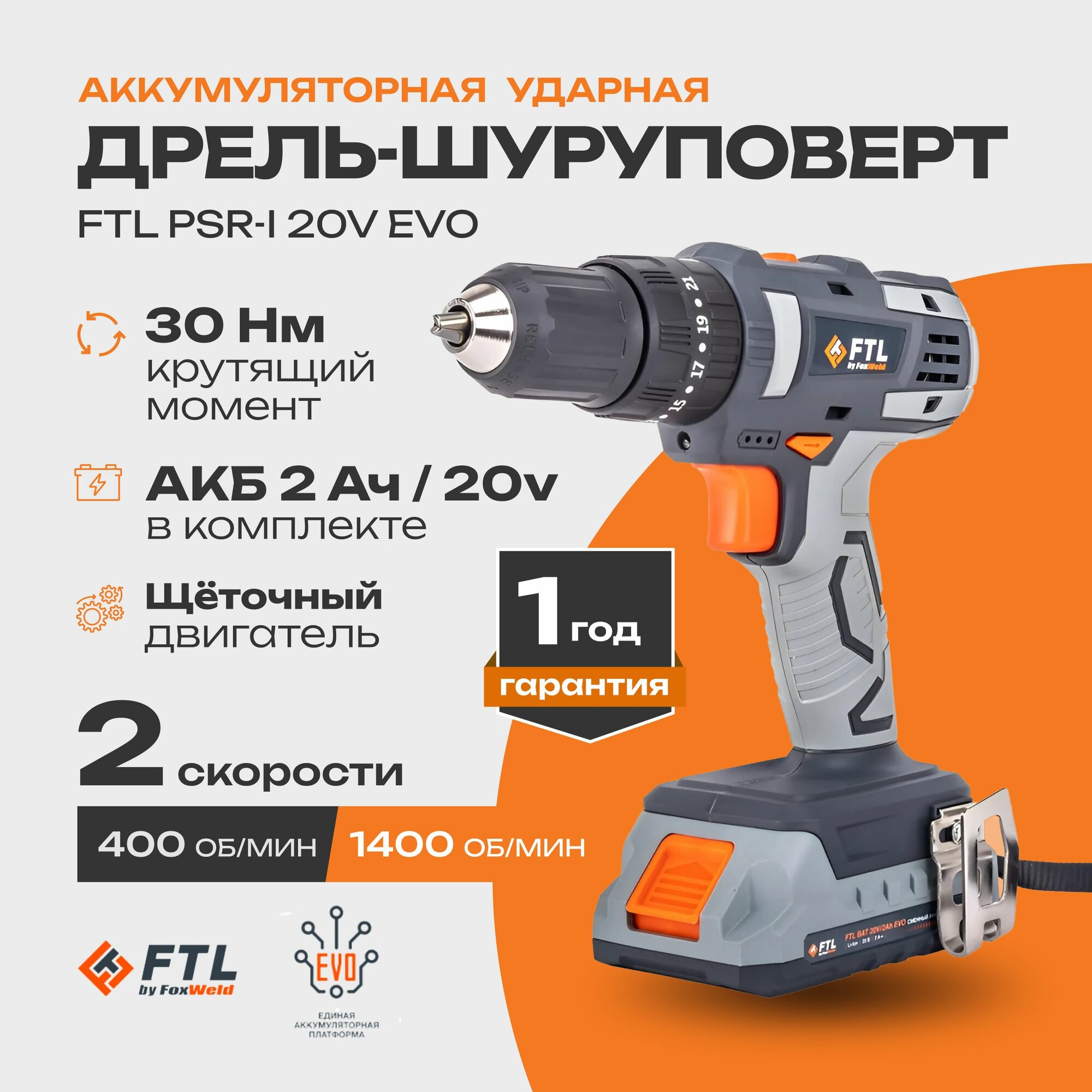 Шуруповерт аккумуляторный PSR-I 20V EVO, ударная дрель (АКБ + ЗУ + кейс)