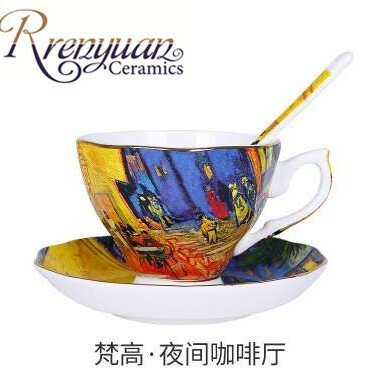 Набор кофейной чашки и блюдца "Звездная ночь" Ван Гога, домашняя керамическая посуда, костяной фарфор, набор для послеобеденного чая с ложкой