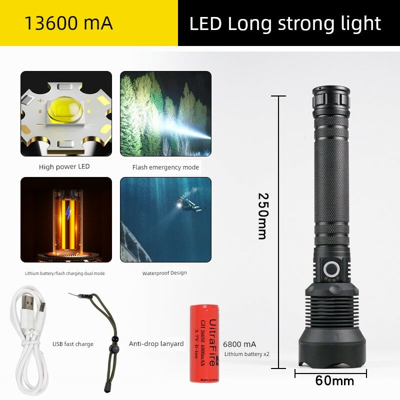 Расширенный светодиодный фонарик с высокой яркостью, батарея 26650, двойной элемент, портативный для отдыха на открытом