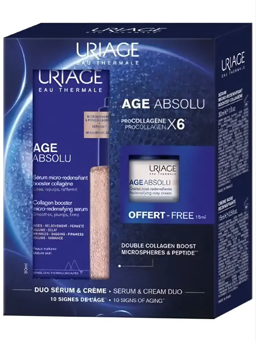 Набор антивозрастной Uriage Age Absolu Pro Collagen: сыворотка-бустер, 30 мл + крем, 15 мл