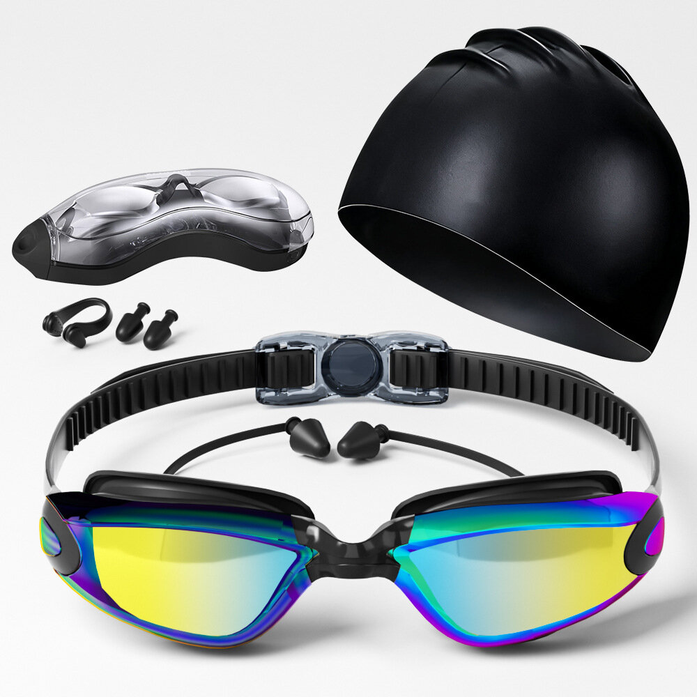 Набор популярных взрослых плавательных очков Amazon, HD водонепроницаемые, антизапотевающие, электролитически покрытые очки, шапочка для плавания, зажим для носа, беруши