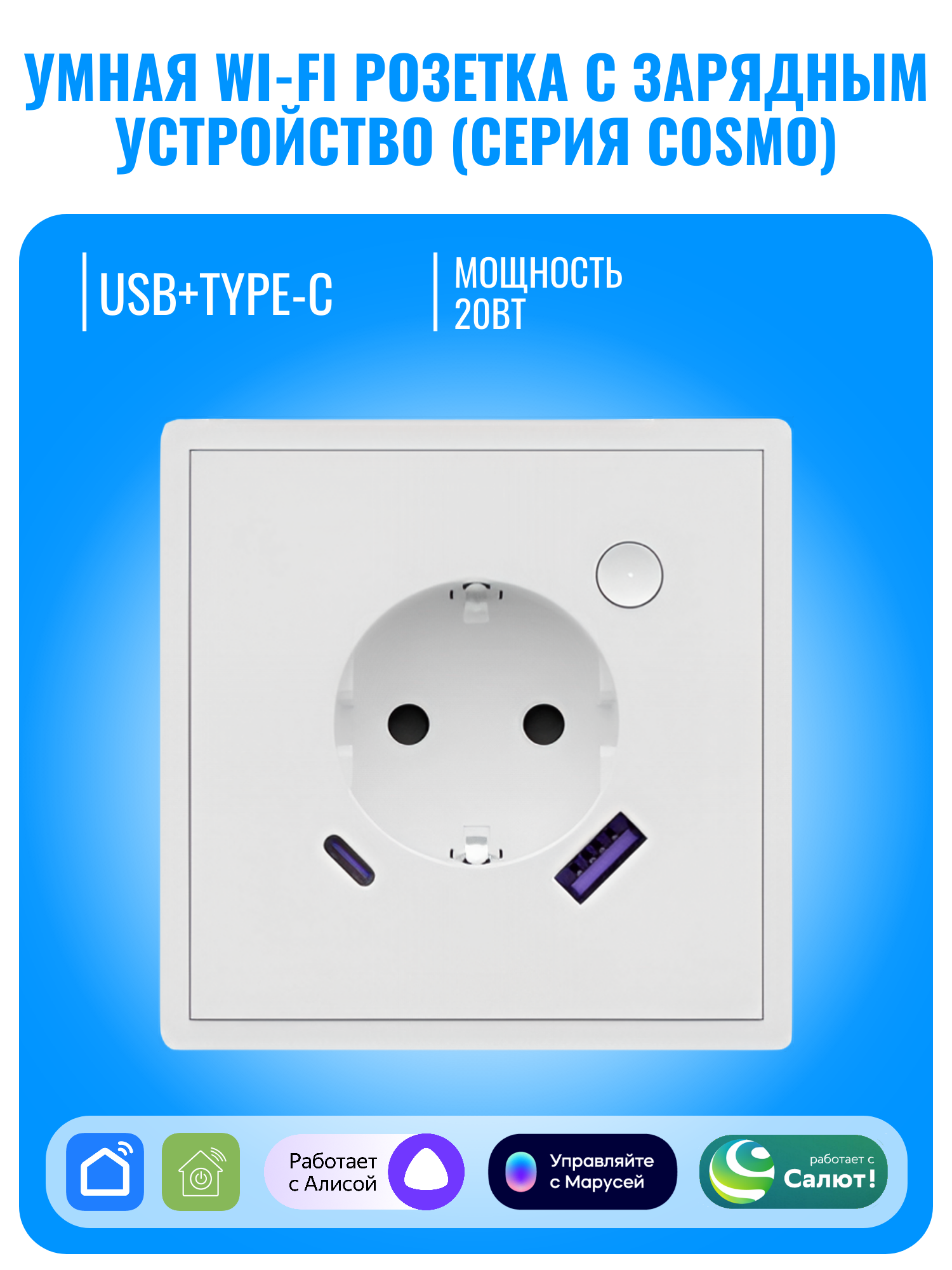 Умная Wi-Fi розетка с зарядным устройством USB и Type-C Smart Aura серия COSMO