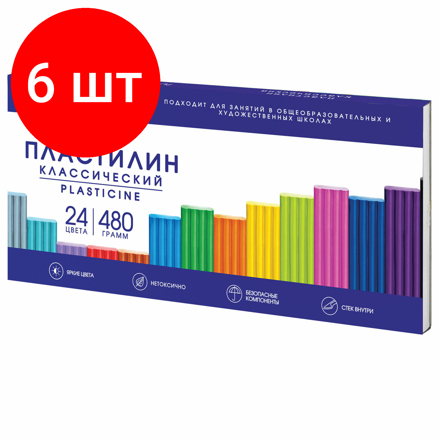 Комплект 6 шт, Пластилин классический BRAUBERG "академия Супер ХИТ", 24 цвета, 480 г, стек, высшее качество, 106424