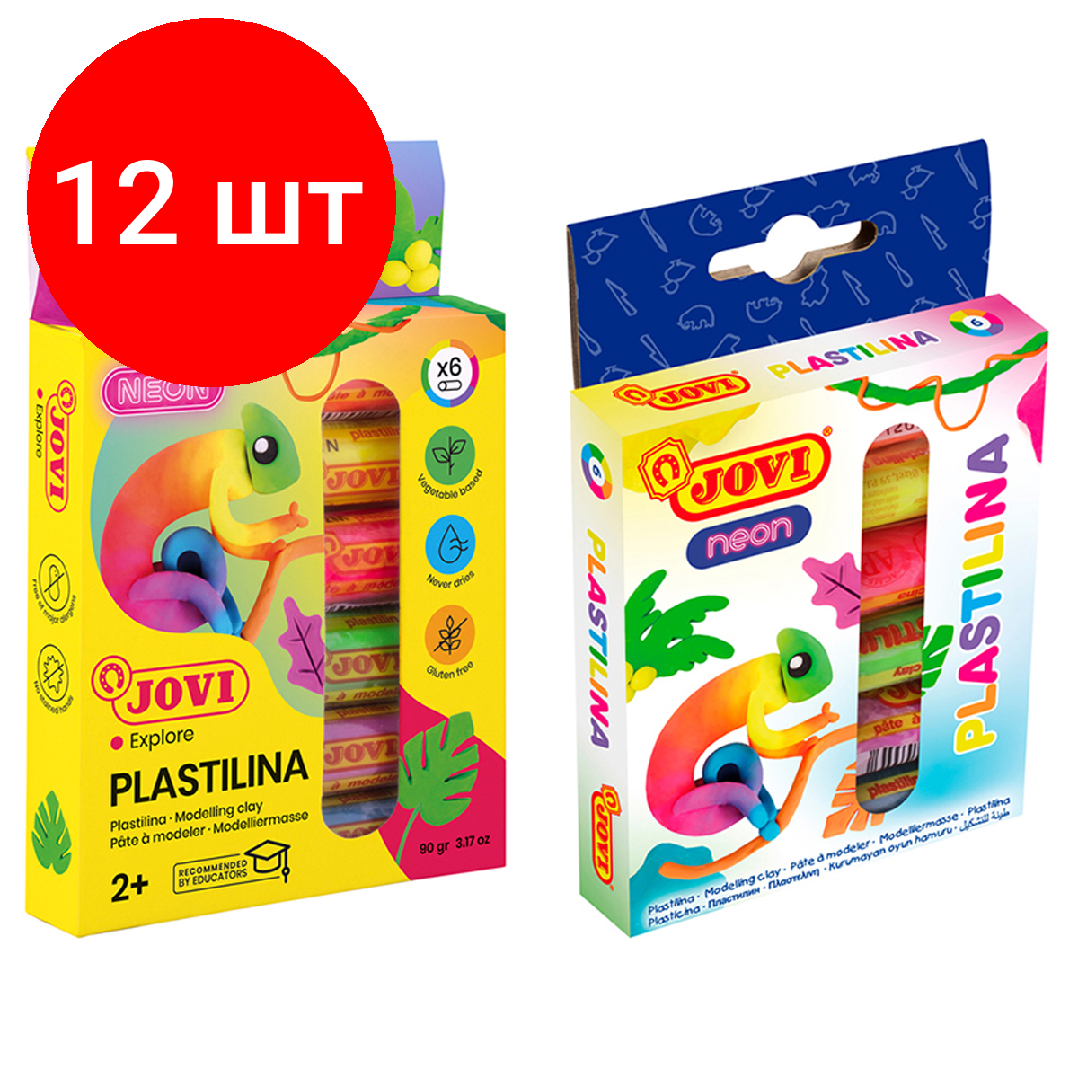 Комплект 12 шт, Пластилин растительный JOVI, 6 цветов неон, 15г, картон, европодвес