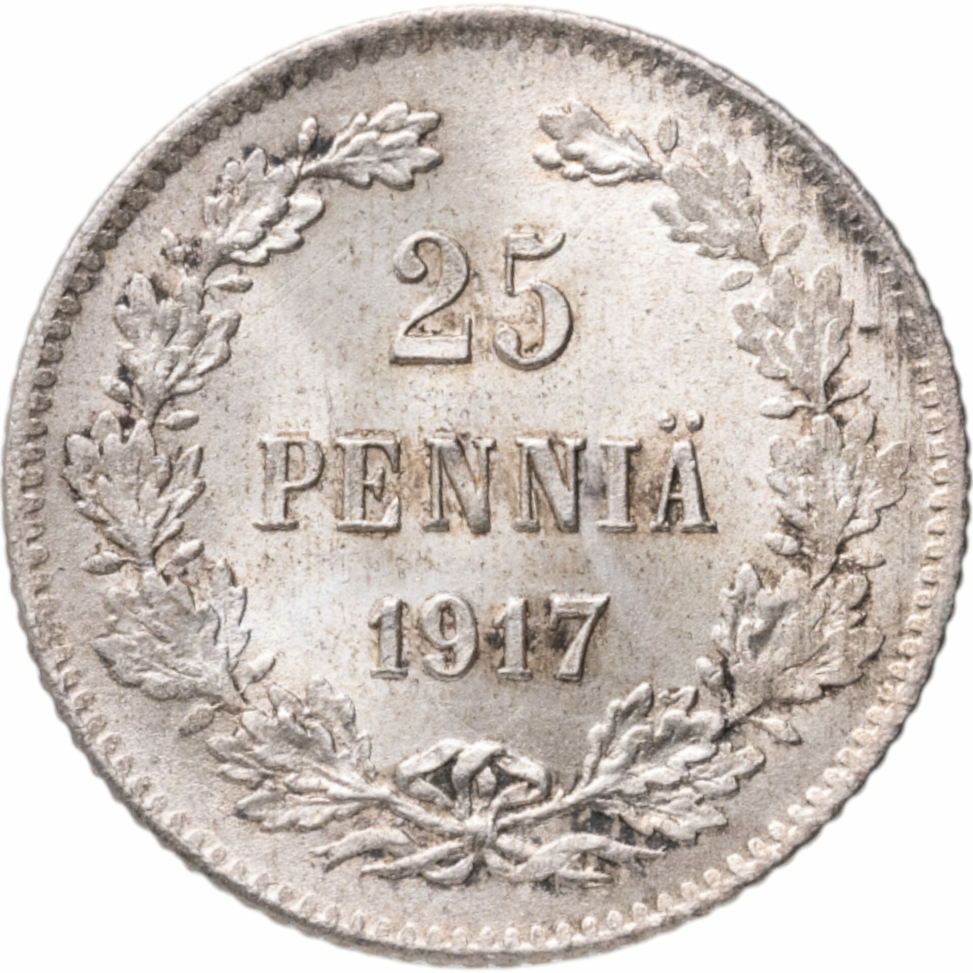 25 пенни pennia 1917 S гербовый орёл без корон, Российская Финляндия, Серебро 750, в сохранности AU-UNC