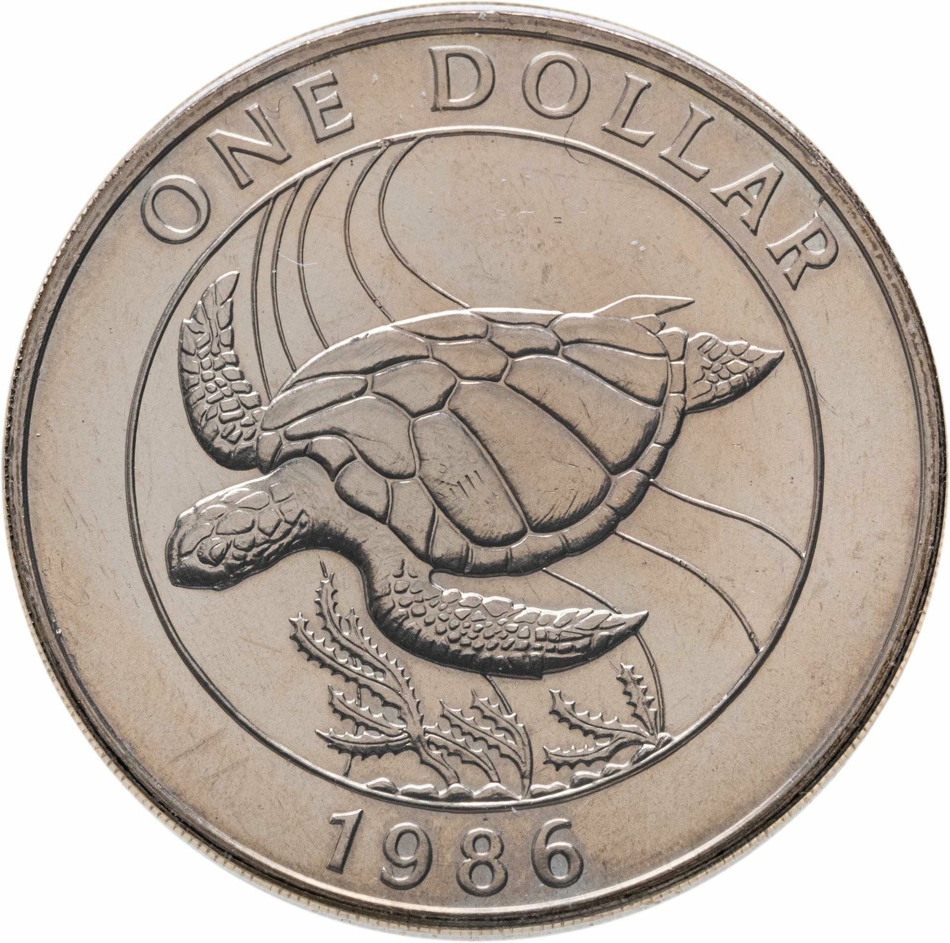 Бермуды 1 доллар 1986 "25 лет Всемирному фонду дикой природы - зеленая черепаха", Мельхиор медь-никель, в сохранности BUNC