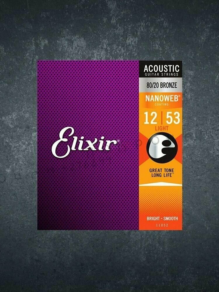 Струны для гитары Elixir 11052 Nanoweb Light Acoustic, комплект струн для гитары ,12-53