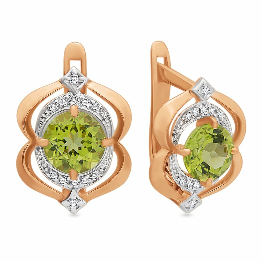 Серьги, красное золото, 585 проба, родирование, фианит, хризолит