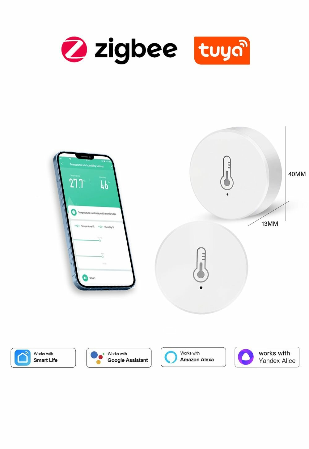 Интеллектуальный датчик влажности ZigBee3.0, мобильное приложение может дистанционно управлять беспроводным датчиком температуры