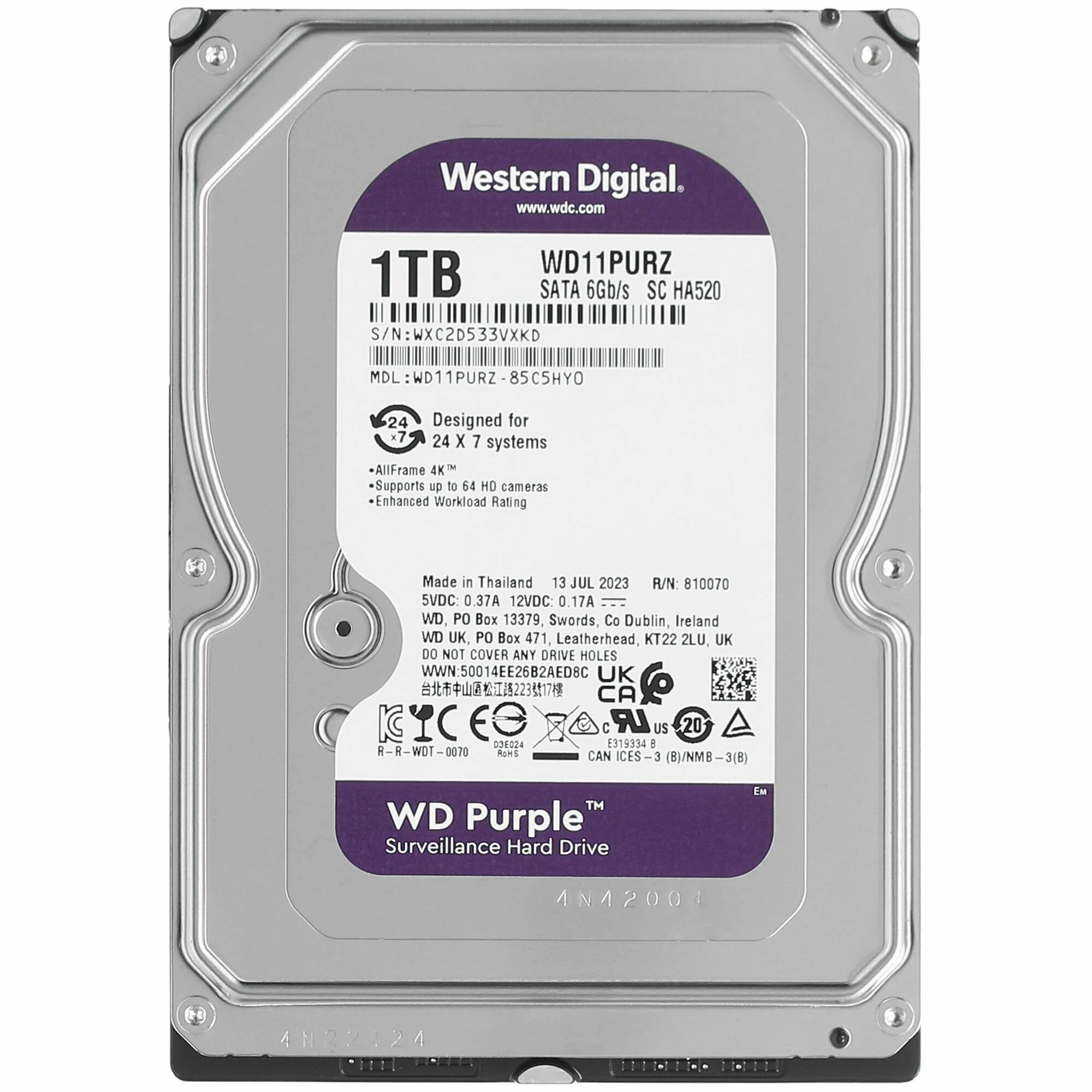 Жесткий диск Western Digital Purple WD11PURZ, 1ТБ, серый металлик