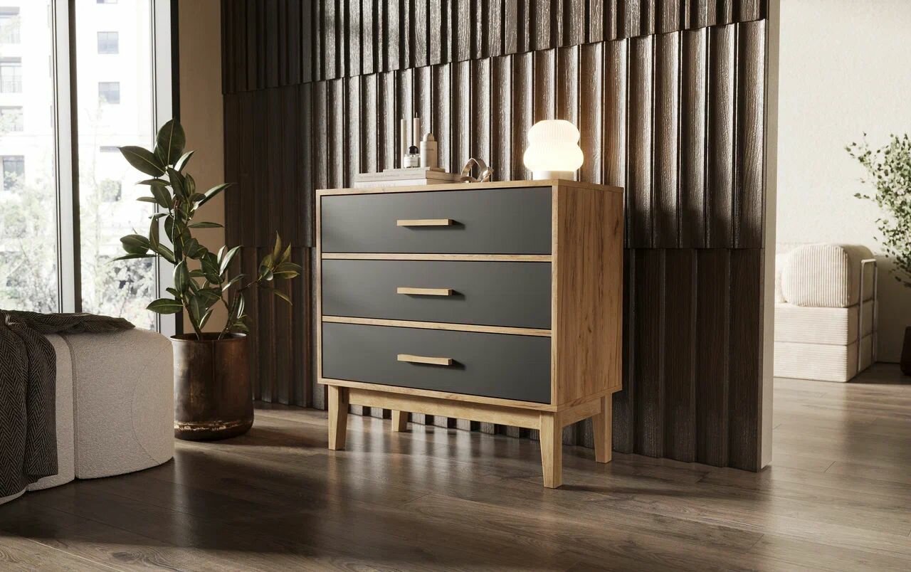 Кельн Комод 3 ящика 80см. Графит, Дуб Крафт