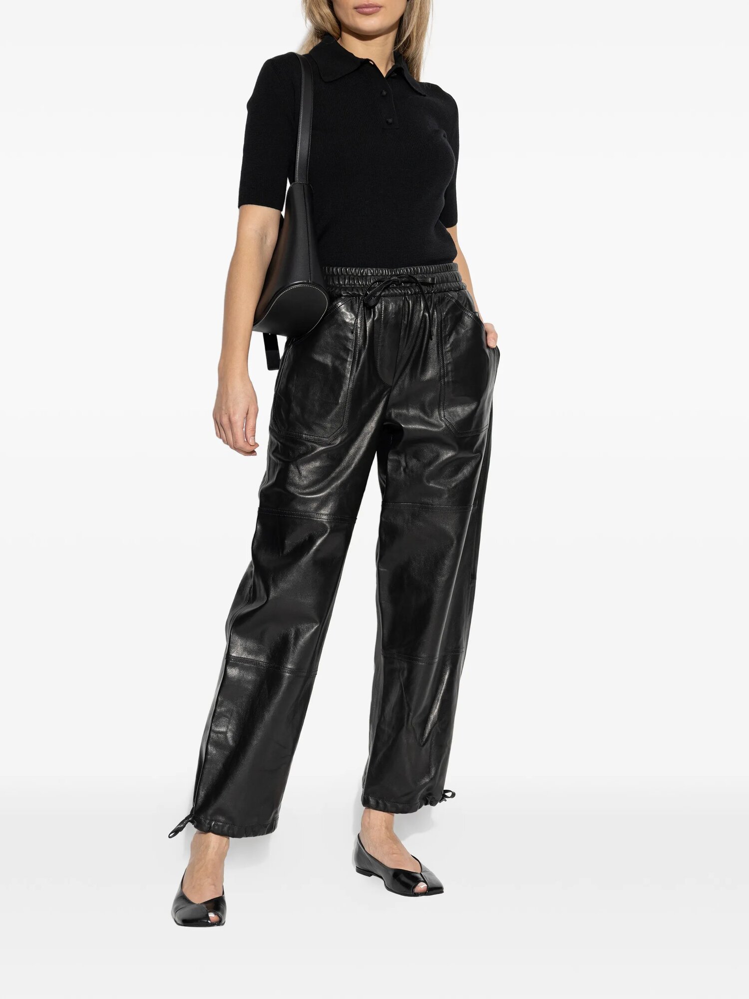 Брюки Jil Sander Drawstrings leather trousers, размер 36, black/black — фото 1