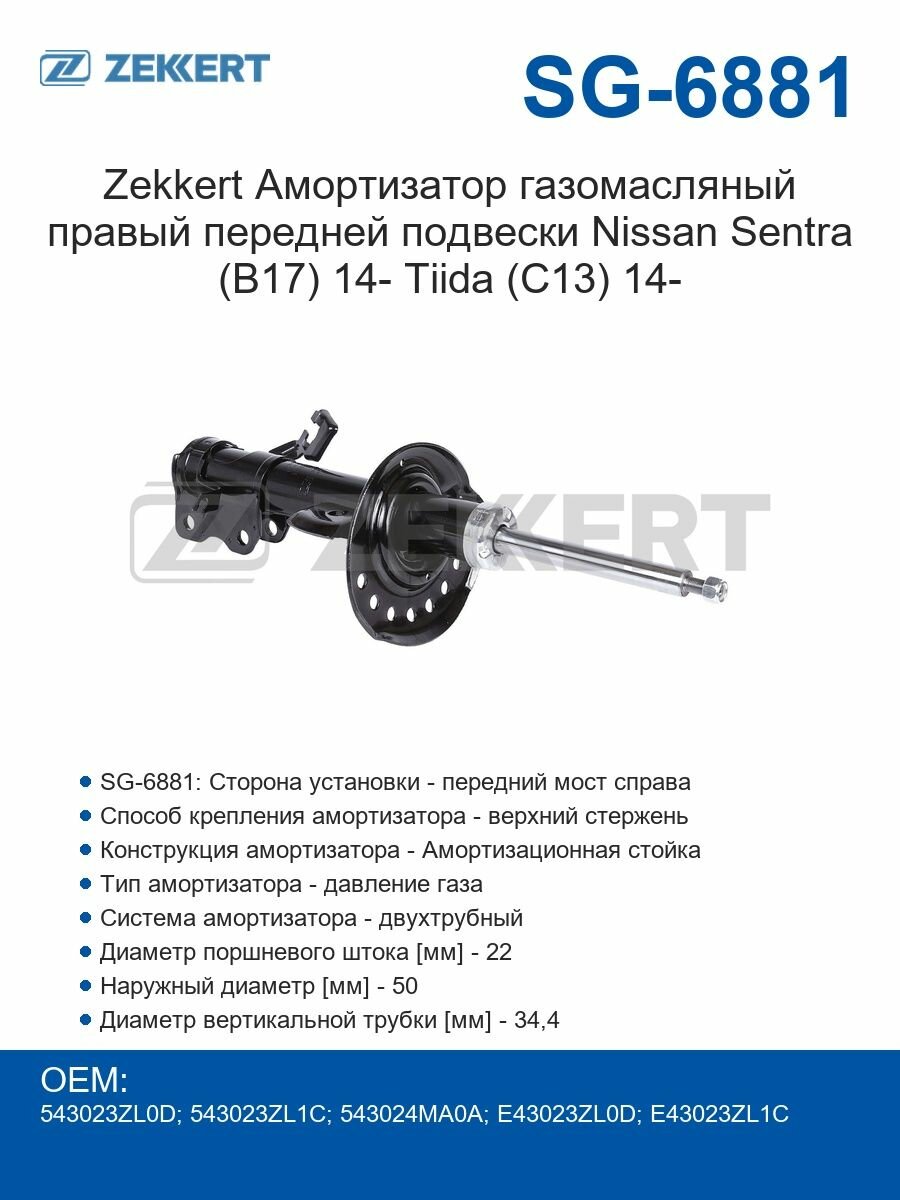 Zekkert Амортизатор газомасляный правый передней подвески Nissan Sentra (B17) 14- Tiida (C13) 14-