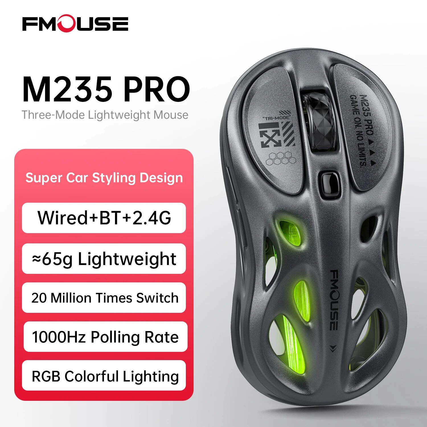FMOUSE M235 Pro Grey, беспроводная мышь 1000Hz, RGB