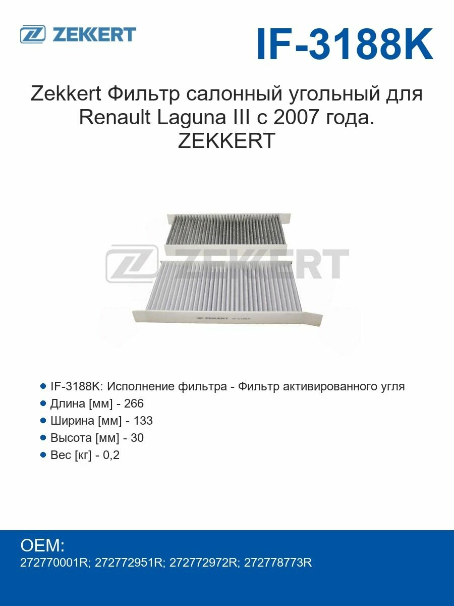 Zekkert Фильтр салонный угольный для Renault Laguna III с 2007 года. ZEKKERT