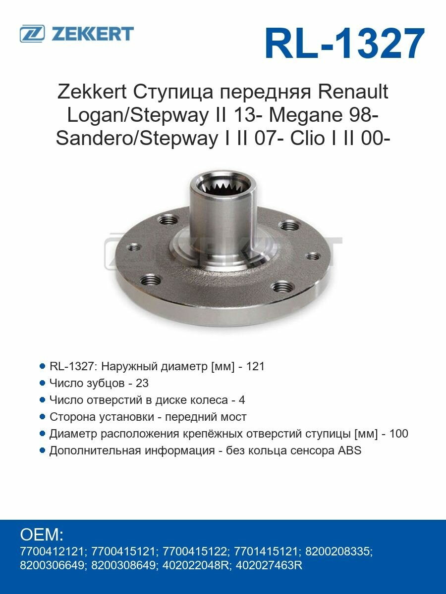 Zekkert Ступица передняя Renault Logan/Stepway II 13- Megane 98- Sandero/Stepway I II 07- Clio I II 00-