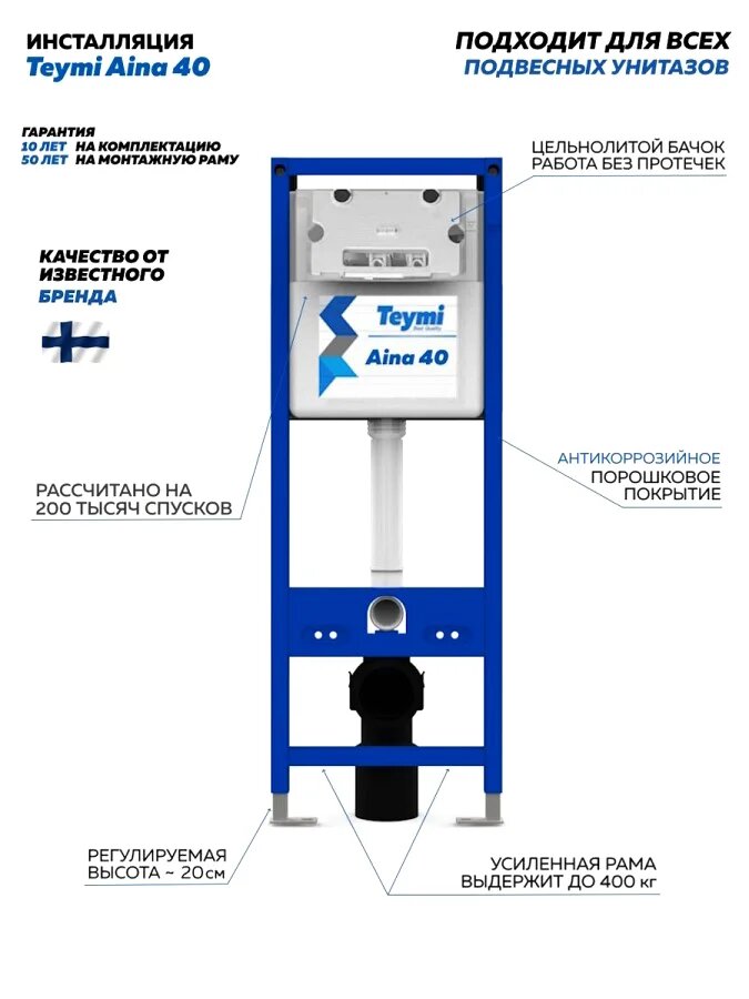 Инсталляция для унитаза Teymi Aina T70040 39 см, крепление к стене/к полу