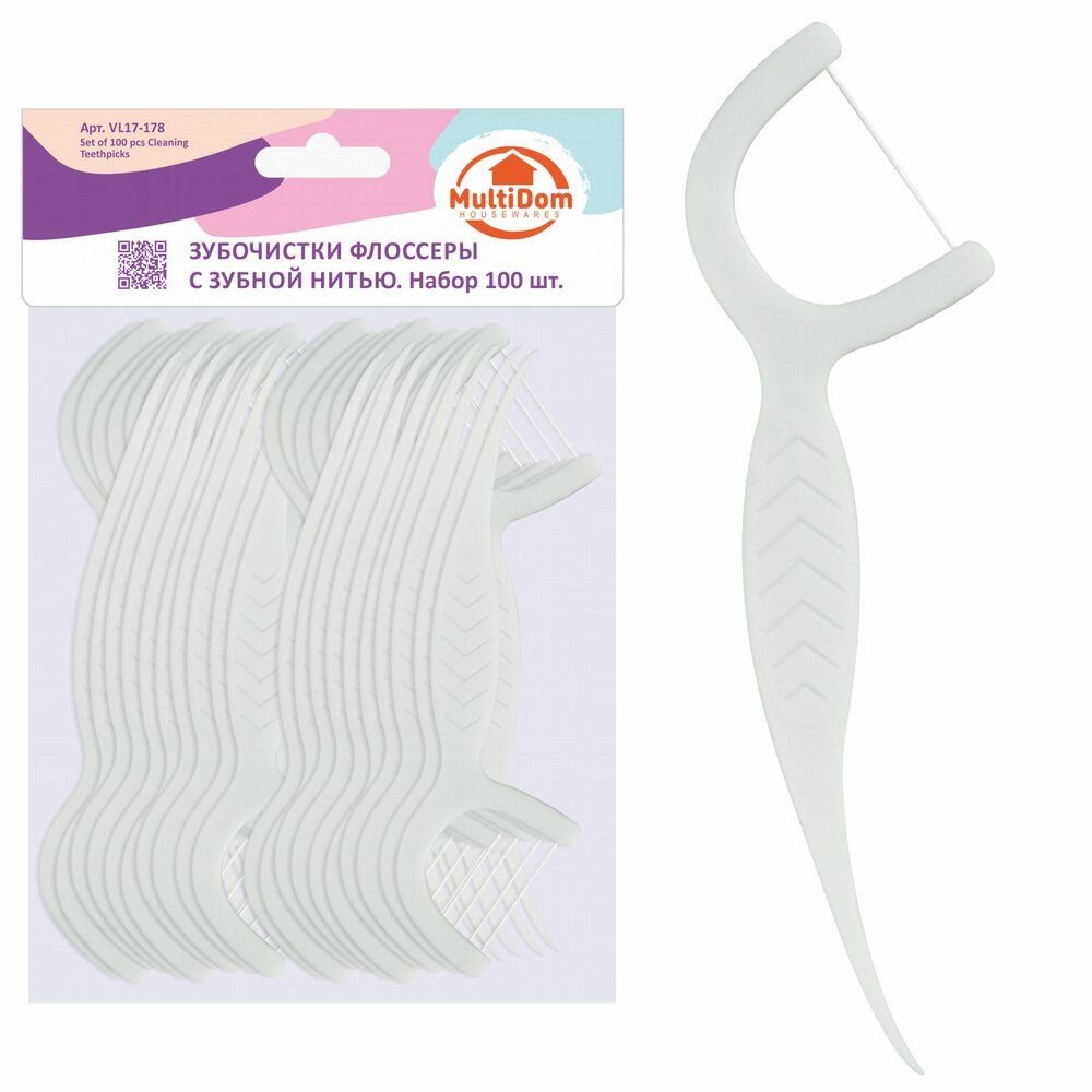 Зубочистки с нитью, 100 штук. Размеры: общая длина зубочистки 7,5 см, длина нити 1,5 см.