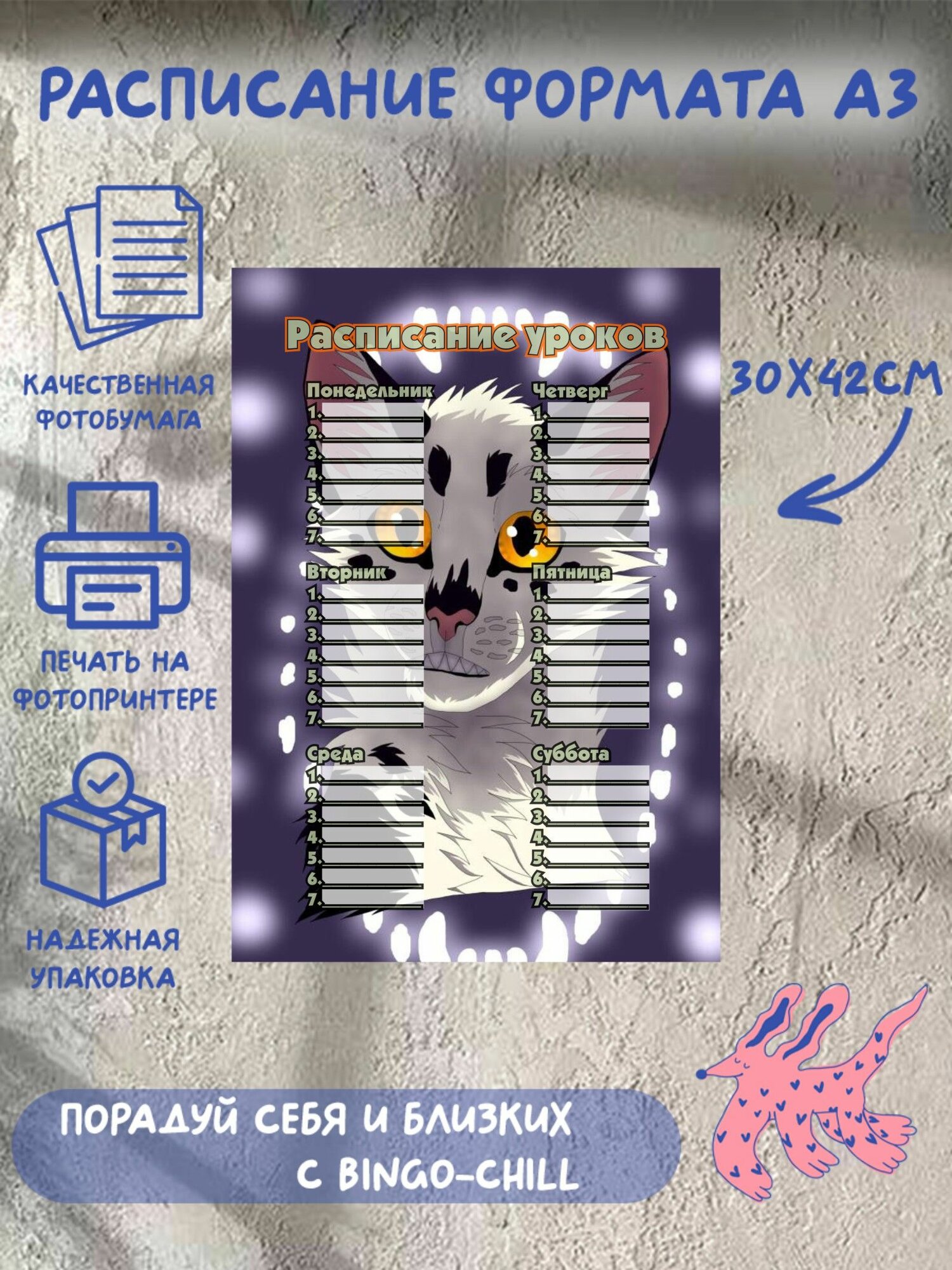 Расписание уроков формата А3 с принтом "Коты воители"