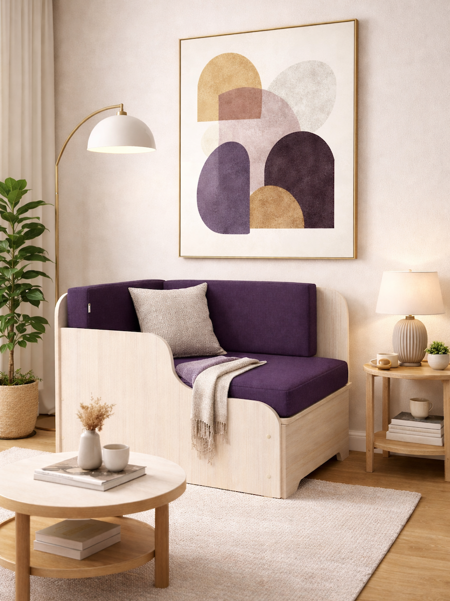 Диван кушетка Мелодия с раздвижным спальным местом и ящиком левый фиолетовый