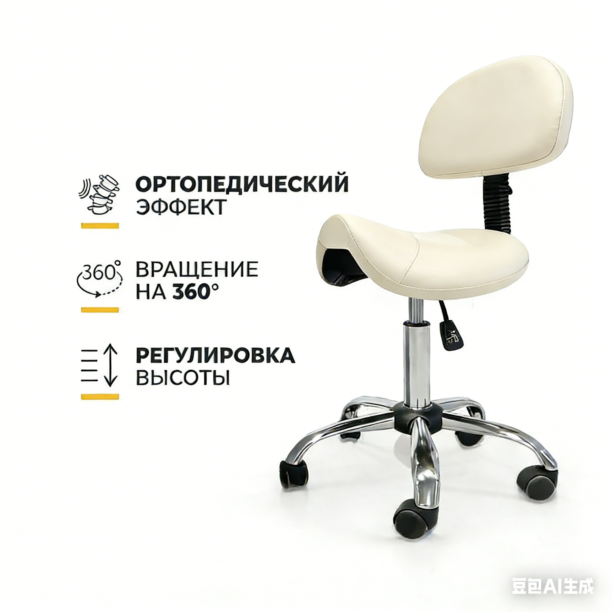 Стул мастера на колесиках со спинкой кресло c регулировкой высоты ортопедическое, максимальная нагрузка 150 кг, белое