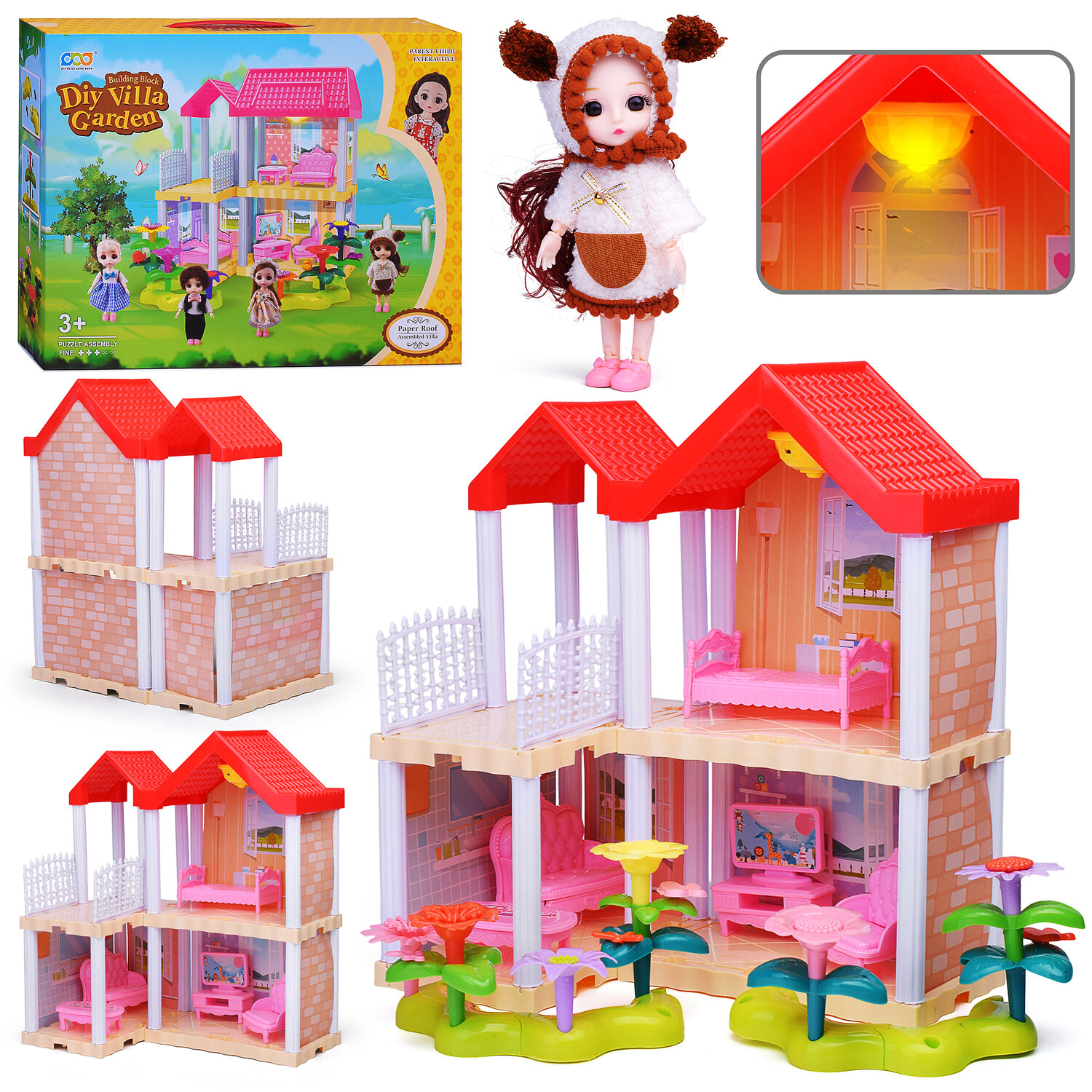 Дом для куклы 666-B1A-5 "Коттедж" с мебелью, 27х17х33.5 см, свет.