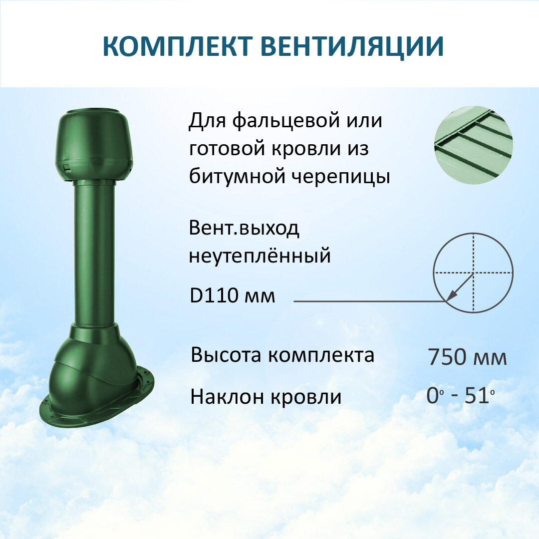 Комплект вентиляции: Вент. выход D110 500 мм, колпак D110, для фальцевой и готовой кровли из битумной черепицы, зеленый