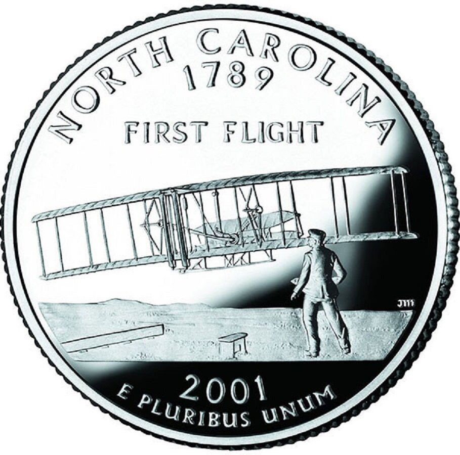Монета номиналом 25 центов США, Северная Каролина, 12 марта 2001 г. Состояние UNC (25С-012)