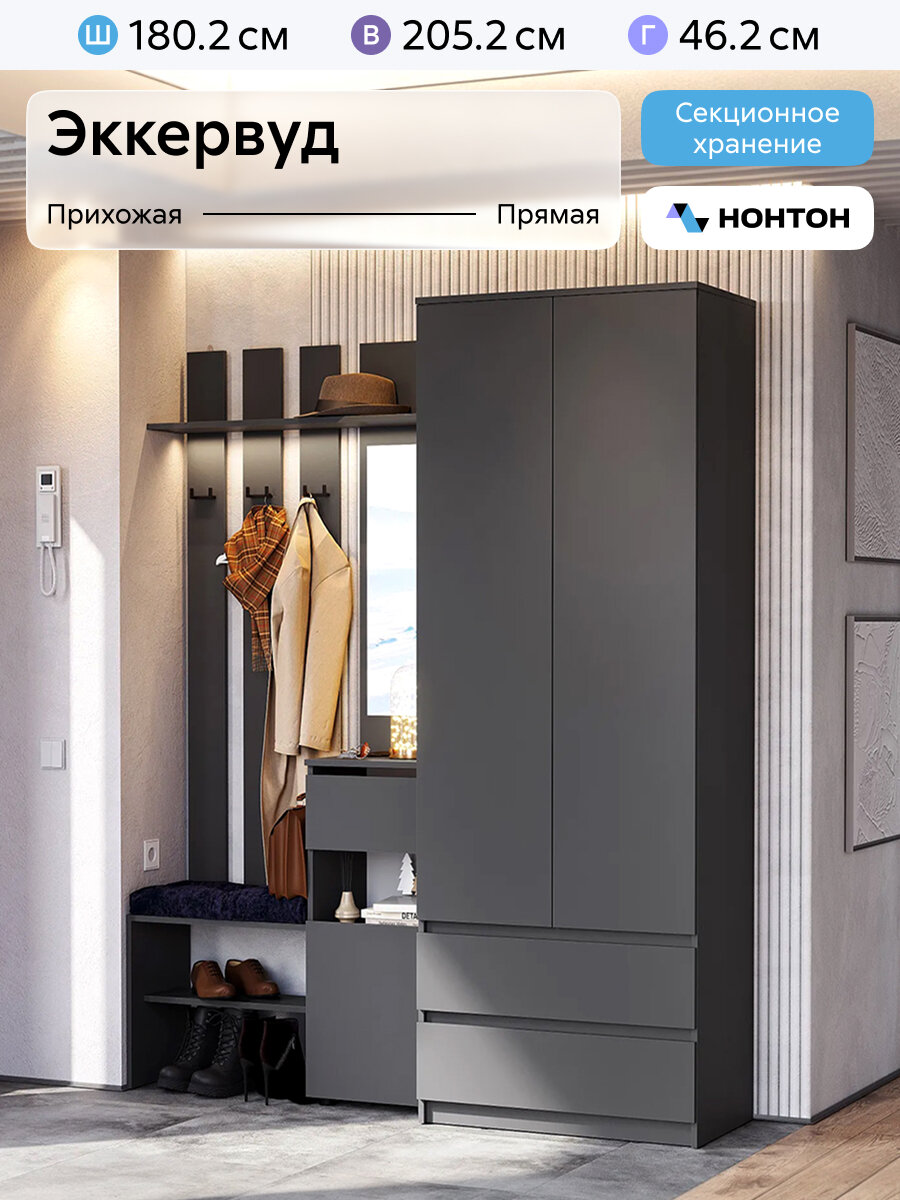 Стенка в прихожую Нонтон Эккервуд, 180x46x205 см, 2 модуля, графит серый