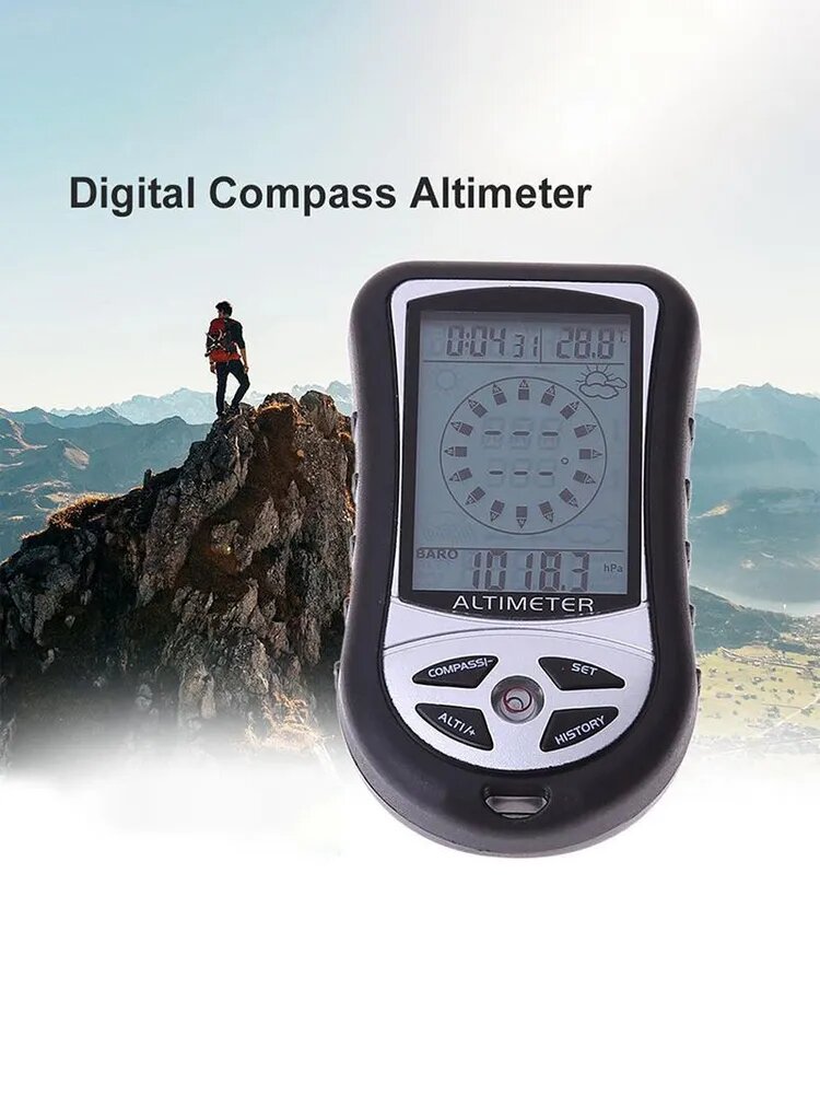 Многофункциональный цифровой компас-альтиметр для рыбалки, черный, с барометром, термометром и часами