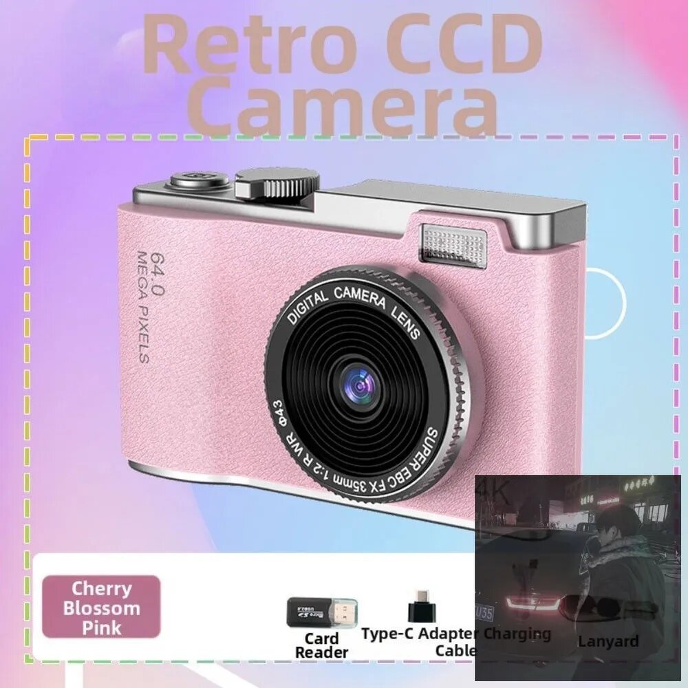 Ретро цифровая камера CCD Cherry Blossom Pink 64MP Card Reader Type-C Adapter Charging Cable Lanyard