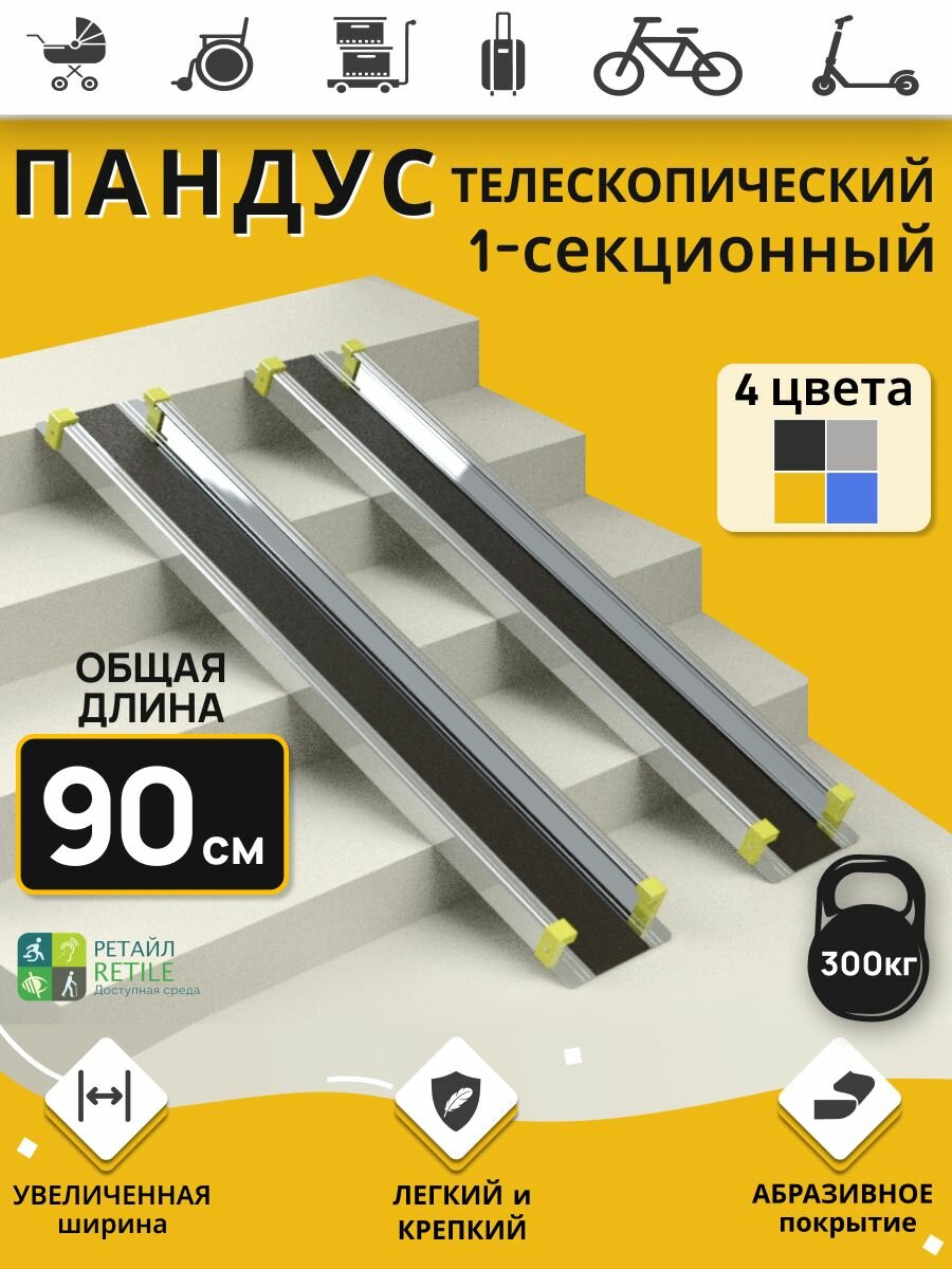 Пандус 1-секционный Антислип 90 см, черный (рабочая длина 80 см + 2 опор. площадки по 5 см)