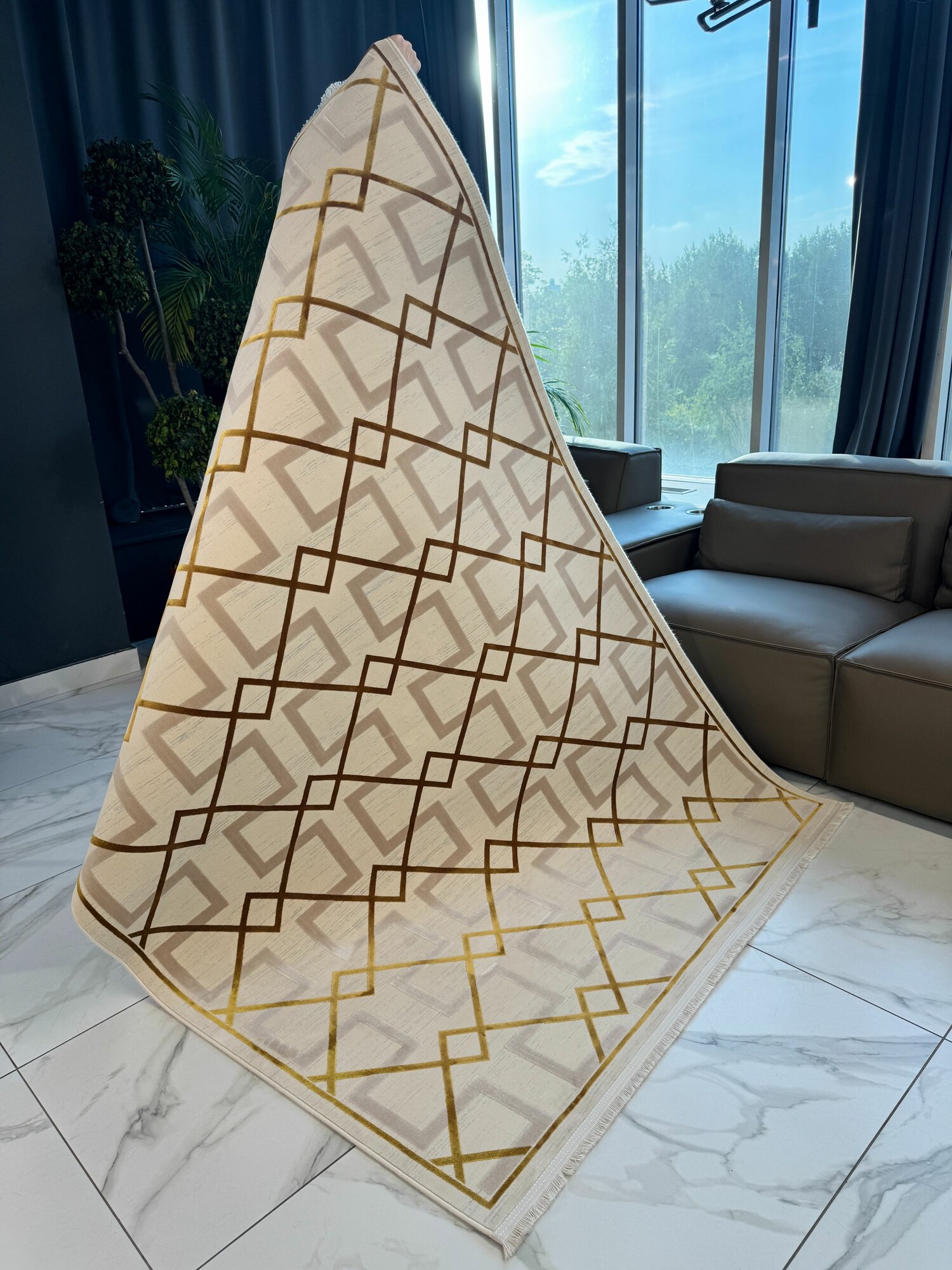 Ковер прямоугольный высокоплотный натуральный PREMIUM-коллекции иранский дизайнерский 1,5 х 2,25 м, шёлк и хлопок, шёлковый блеск, размер 150 на 225 см высокого качества