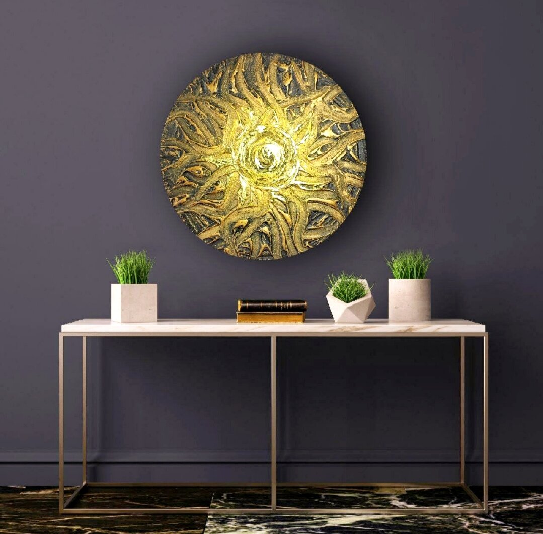 Картина ручной работы "Танец золотых эмоций" — интерьерное произведение с 3D эффектом, круглая, фактурная, 2025 года