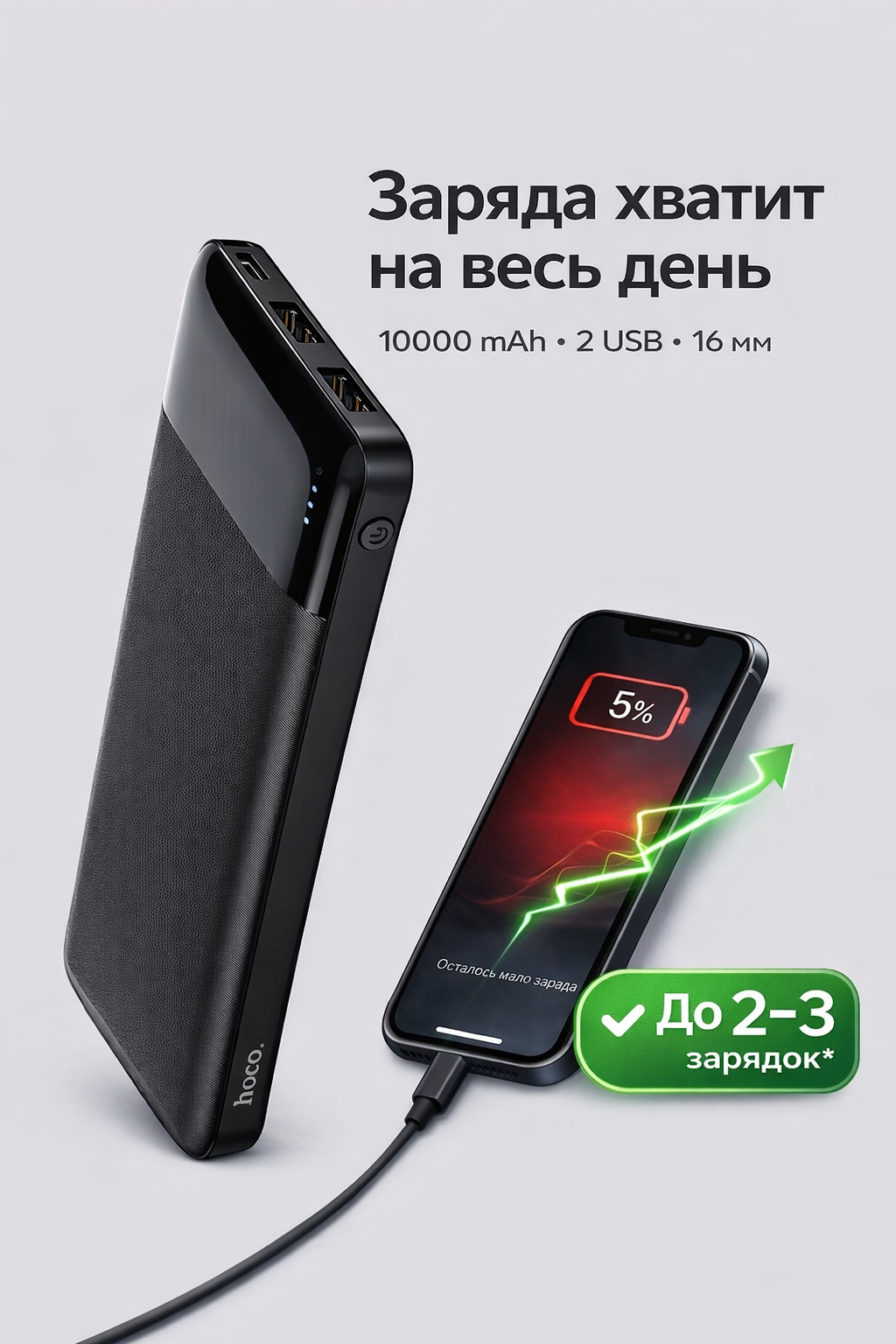 Портативный аккумулятор Hoco J72 ультратонкий паурбанк , 10 000 мА/ч, черный