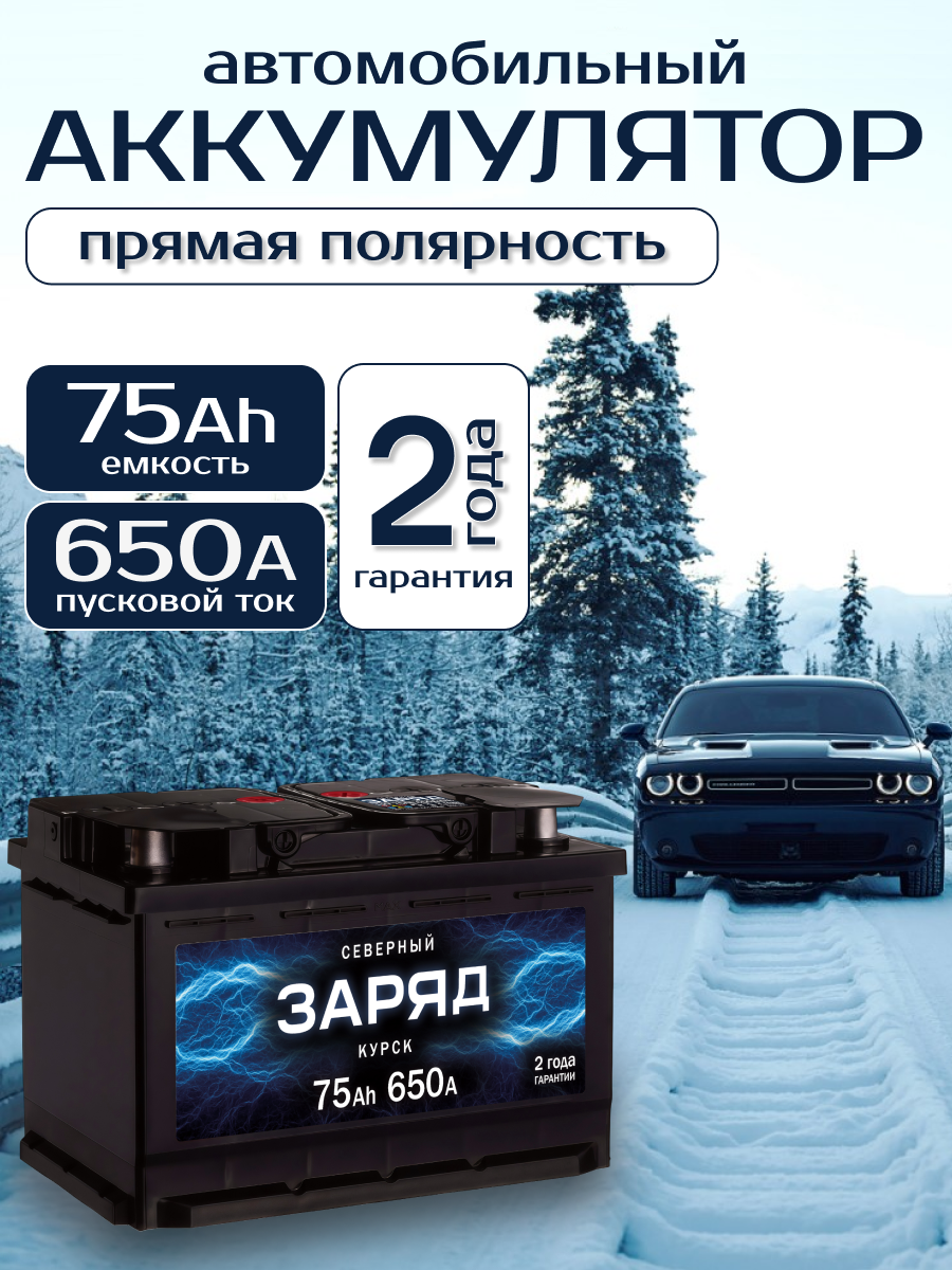 Аккумулятор автомобильный Северный заряд 75Ah 650А прямая полярность (278x175x190)