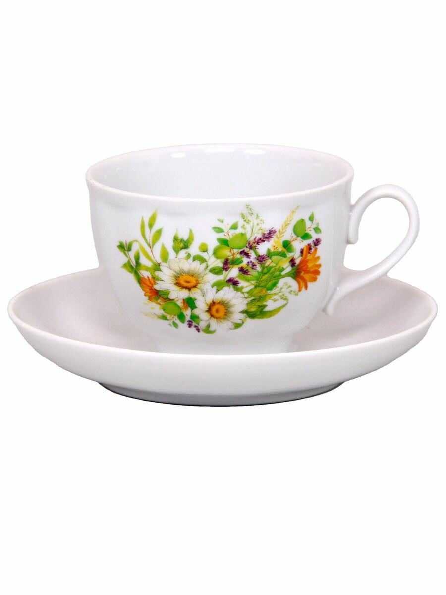 Чайная пара Дулевский фарфор фарфоровая, 275 мл, гранатовый, Луговые ромашки (119612)