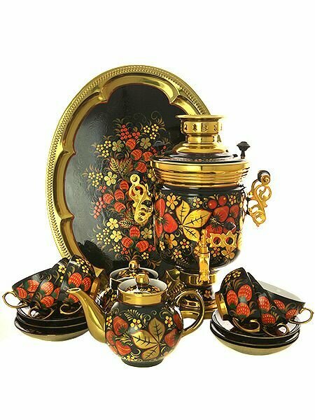 Набор самовар с автоотключением электрический 3 литра с художественной росписью "Хохлома рыжая" с чайным сервизом