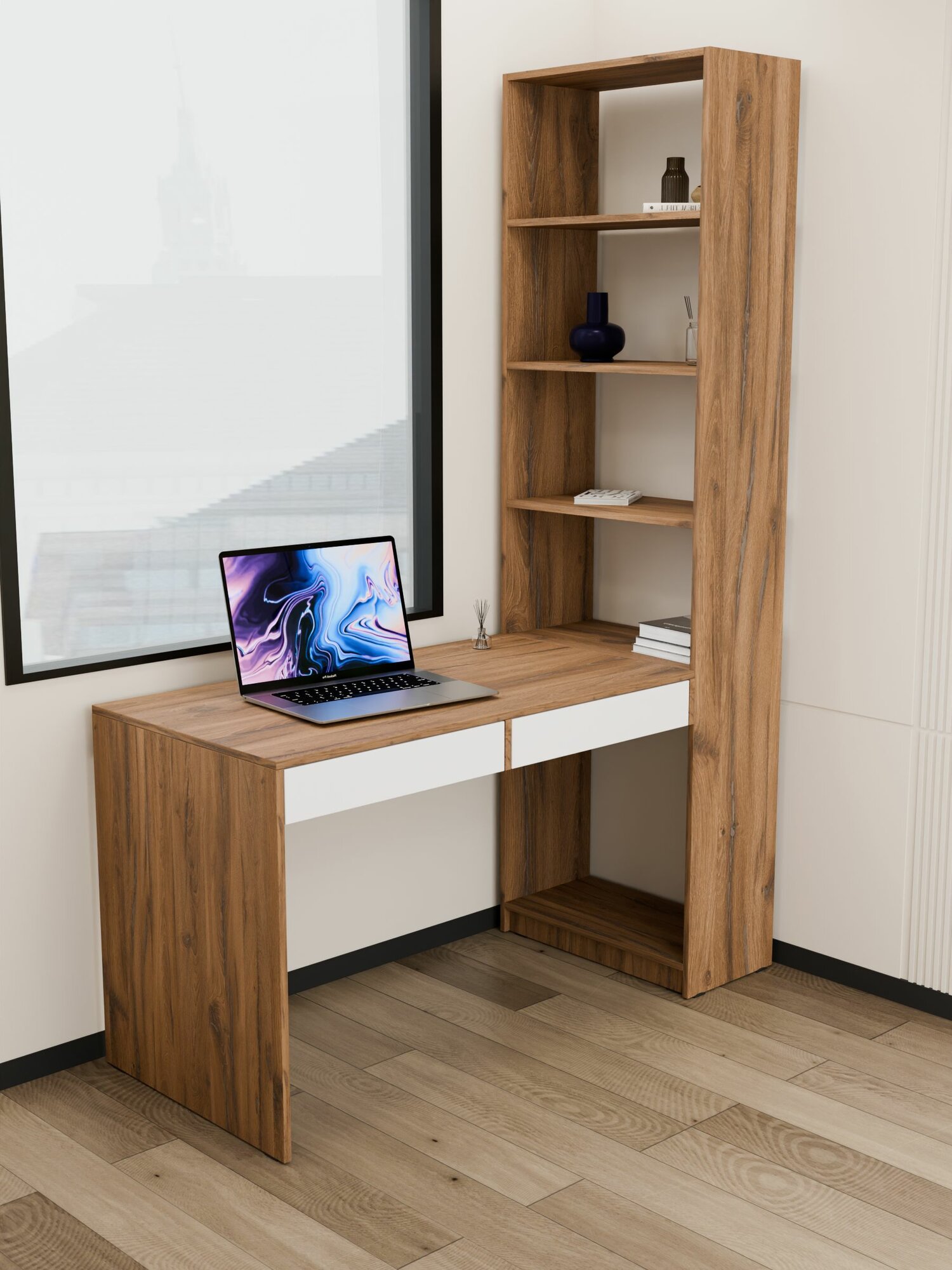 Изумлит Стол-стеллаж письменный угловой для учебы и работы Джокер, стеллаж справа 200х59.2х140 см, дуб крафт табачный-белый