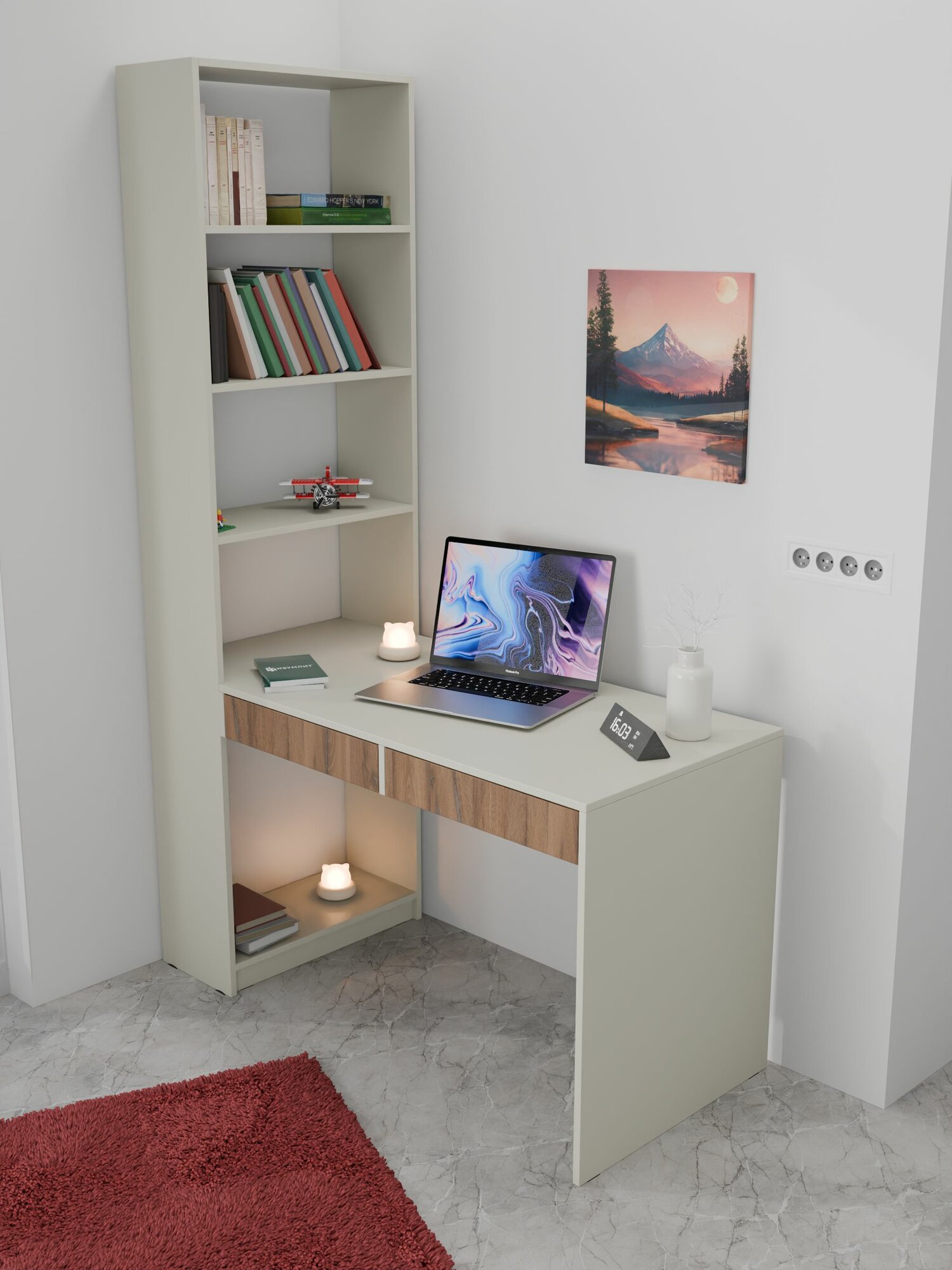 Изумлит Стол-стеллаж письменный угловой, стеллаж слева 200х130х59.2 см, бежевый - дуб крафт табачный