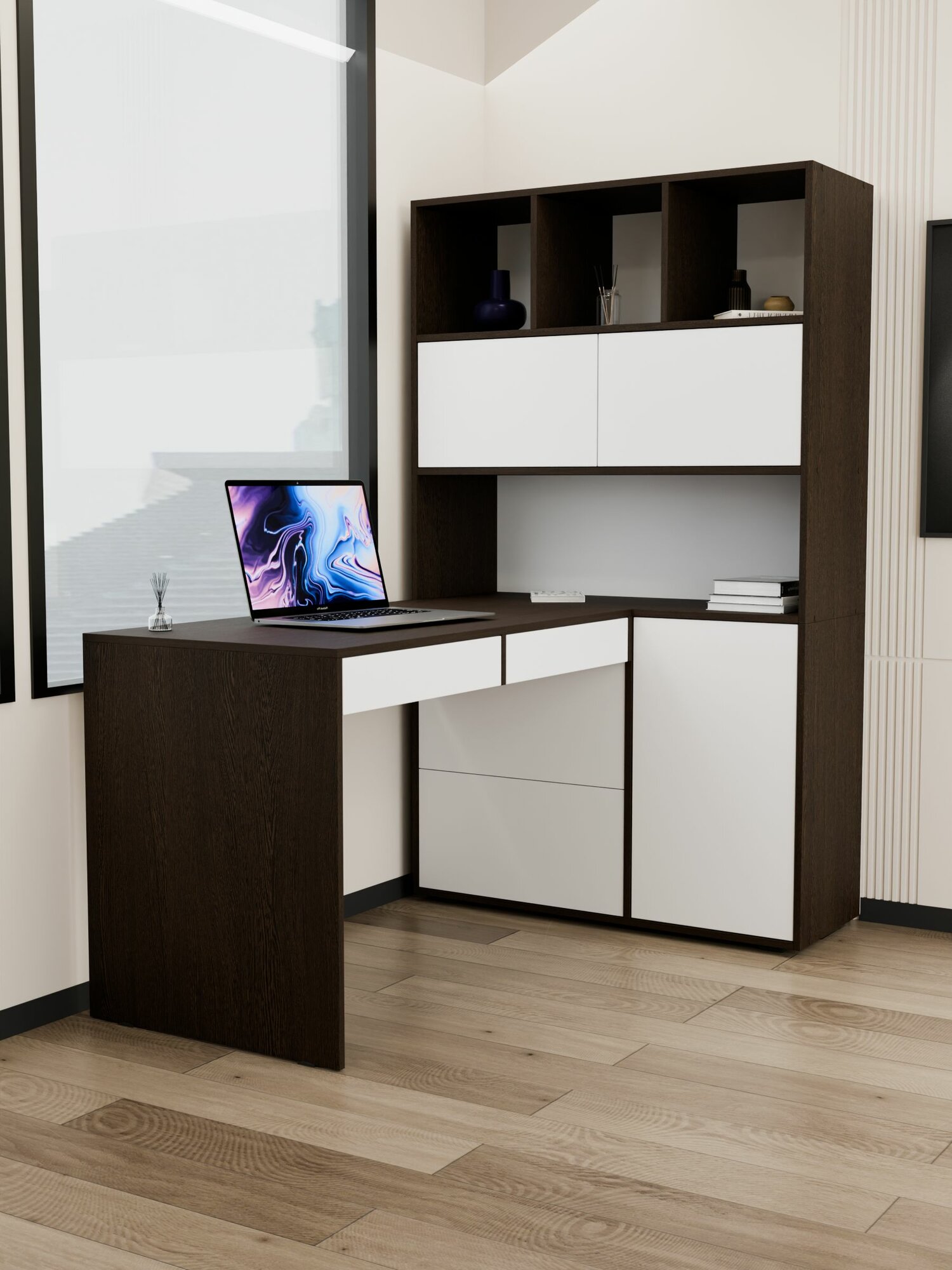 Изумлит Стол-шкаф письменный угловой для учебы и работы, шкаф справа 168х100х147.6 см, венге-белый