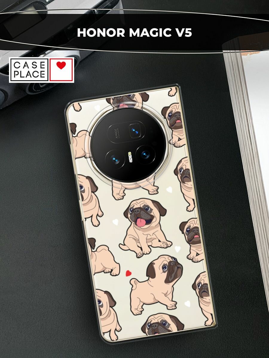 Чехол на Honor Magic V5 / Хонор Мэджик V5 с принтом Мопс с сердечками фон, прозрачный