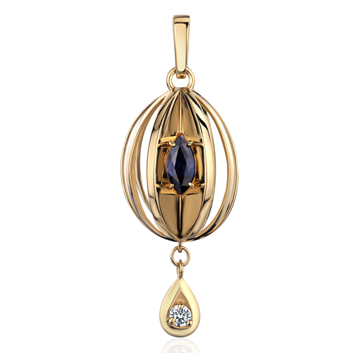 Подвеска, желтое золото, 585 проба, бриллиант, сапфир