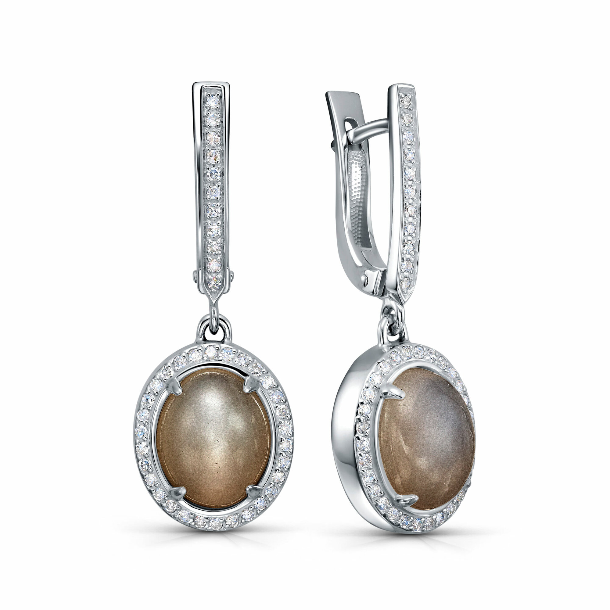 Серьги, белое золото, 585 проба, бриллиант, лунный камень