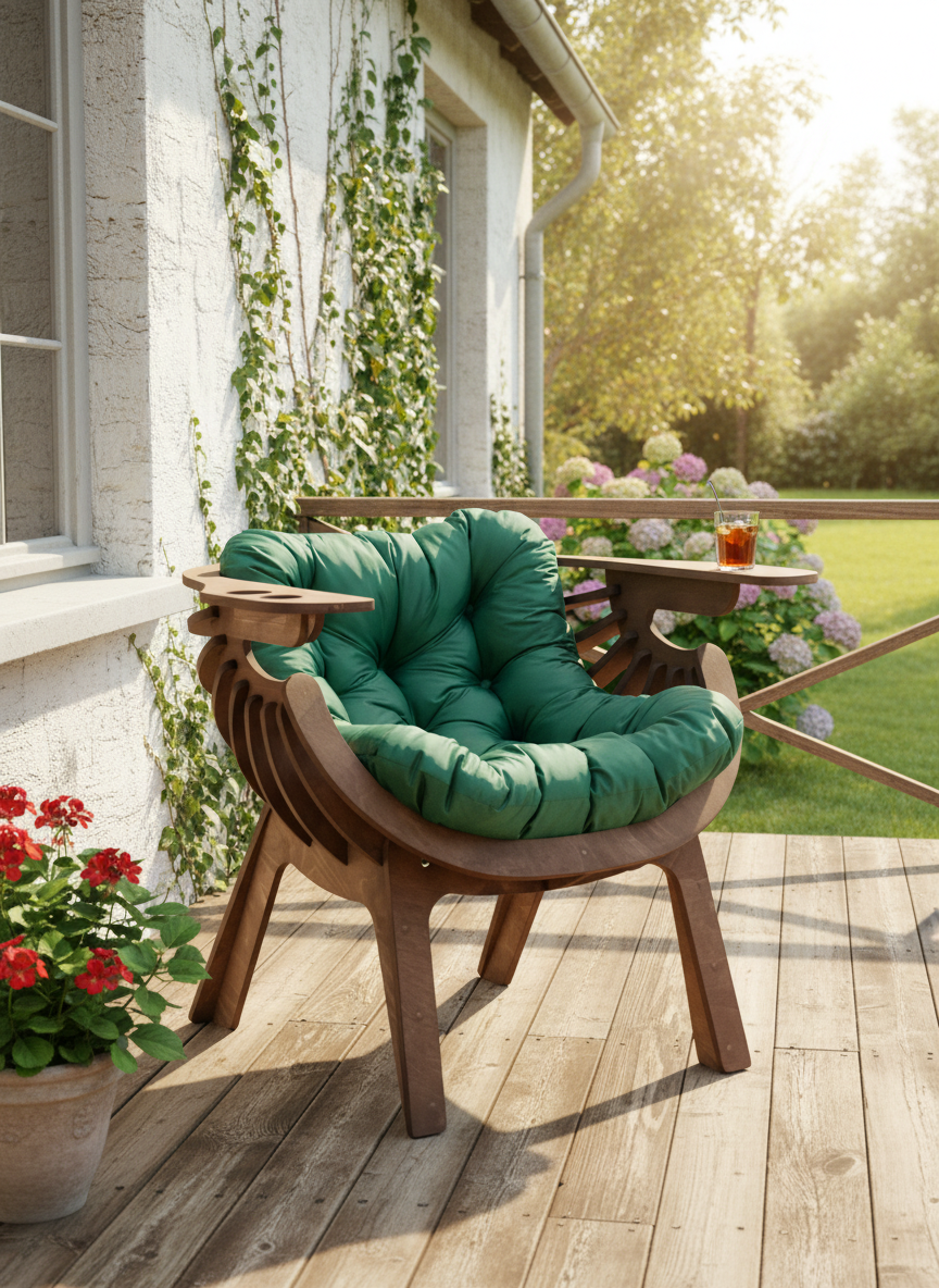 Садовое кресло "ракушка XXL" для отдыха на даче, цвет венге + зеленая подушка