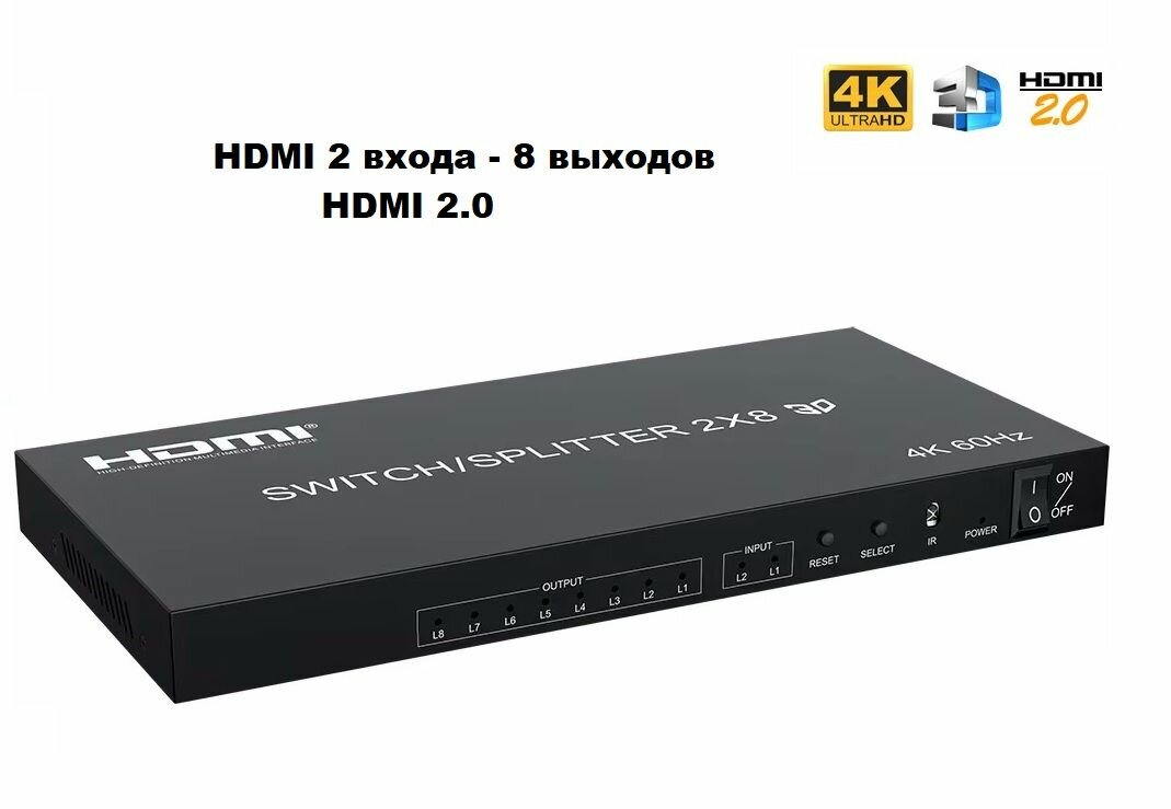 Матричный коммутатор - свитч-сплиттер 2x8 HDMI 4K 3D v.2.0 / HSP0208H-2.0